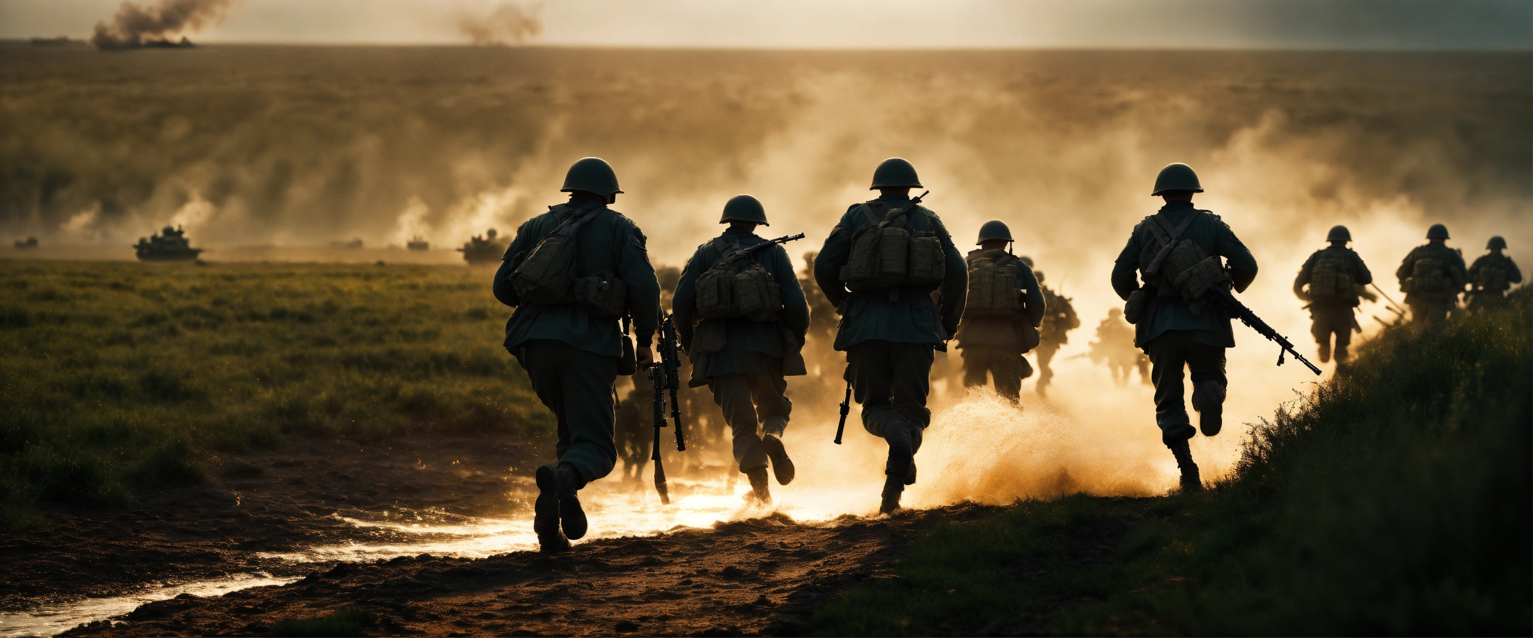 Lexica - Dramatic scene of back view of soldiers running on the ...