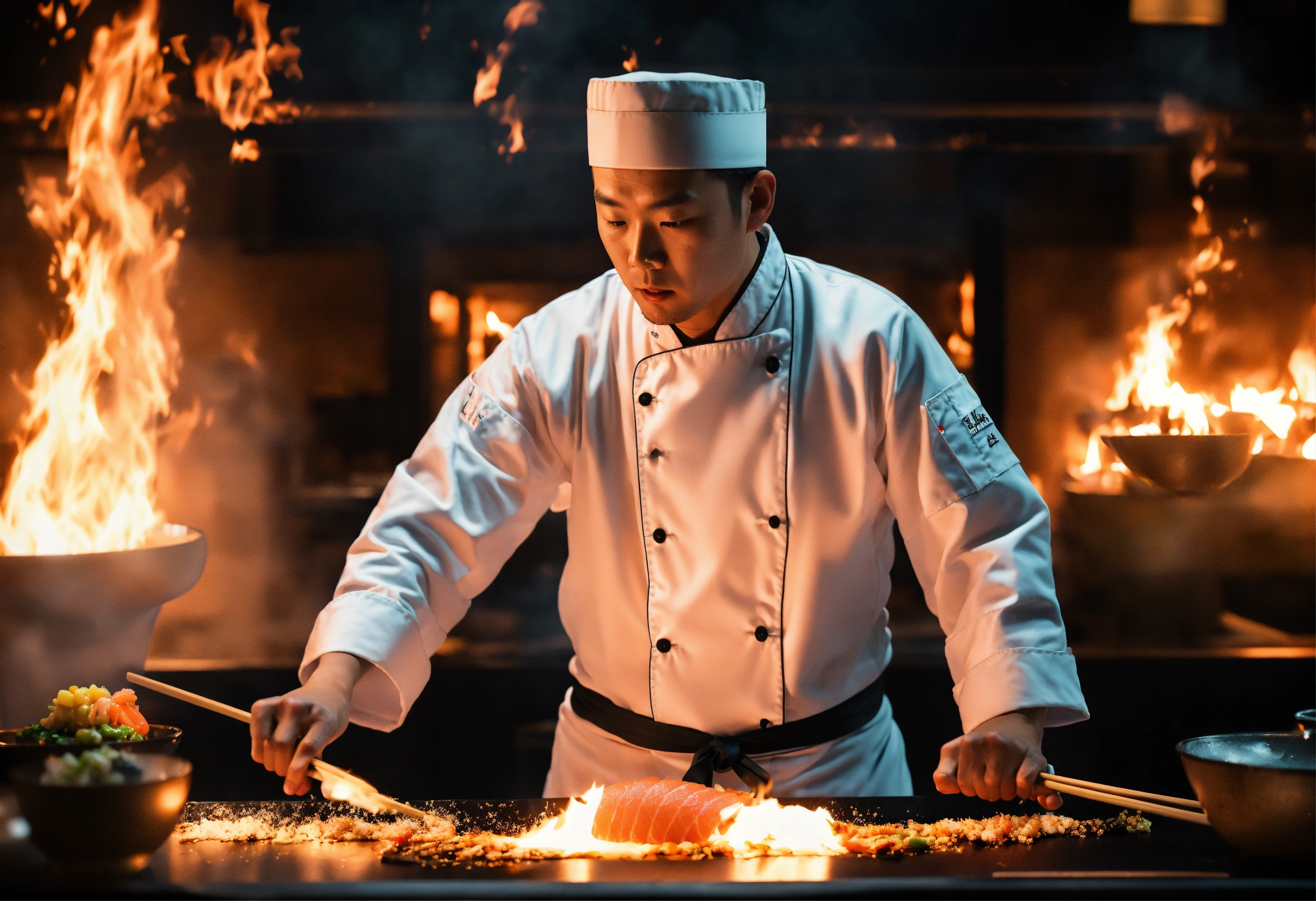 Lexica - Sushi chef with white clothes, cooking in teppanyaki table ...