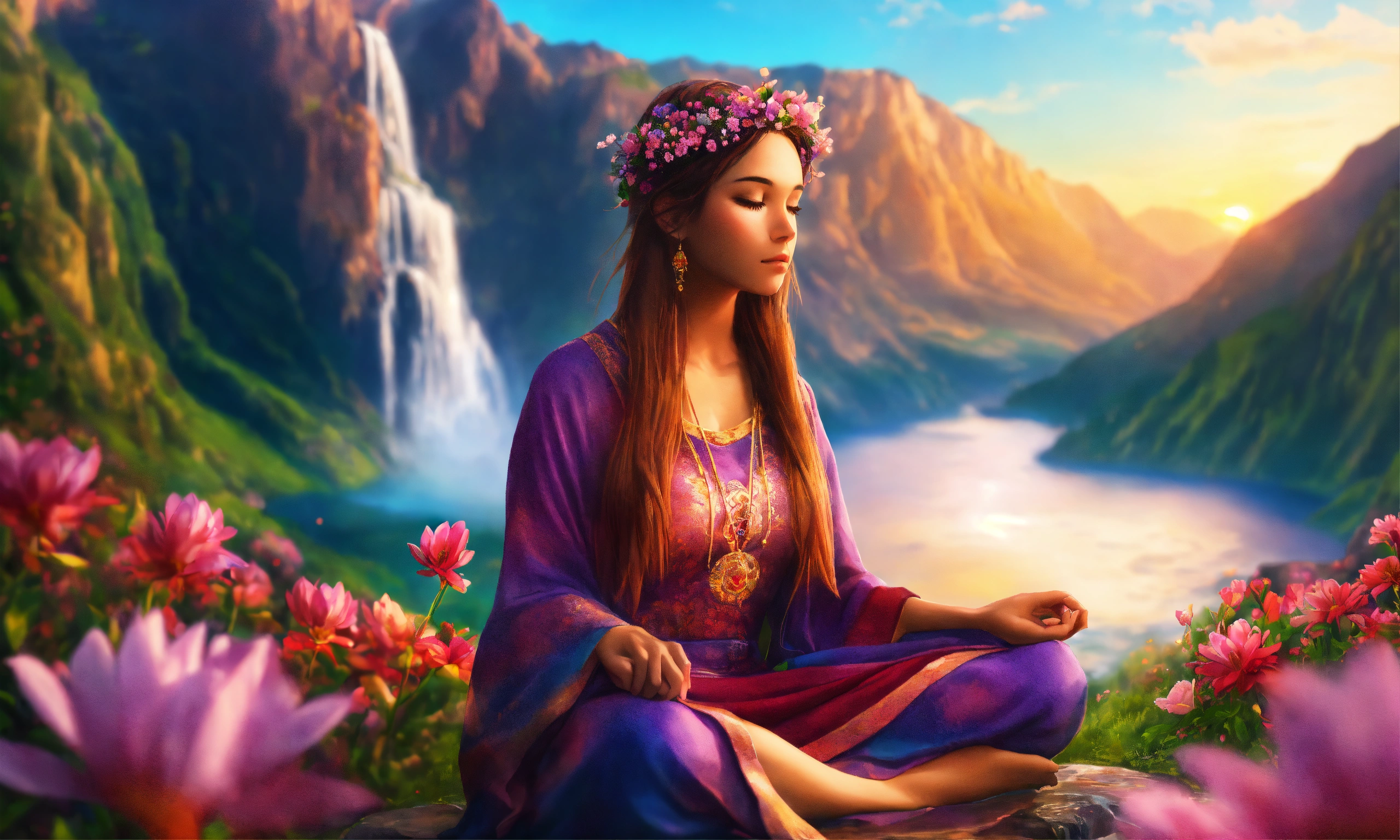 Lexica - A beautiful girl seated in Meditation surrounded by vibrant ...