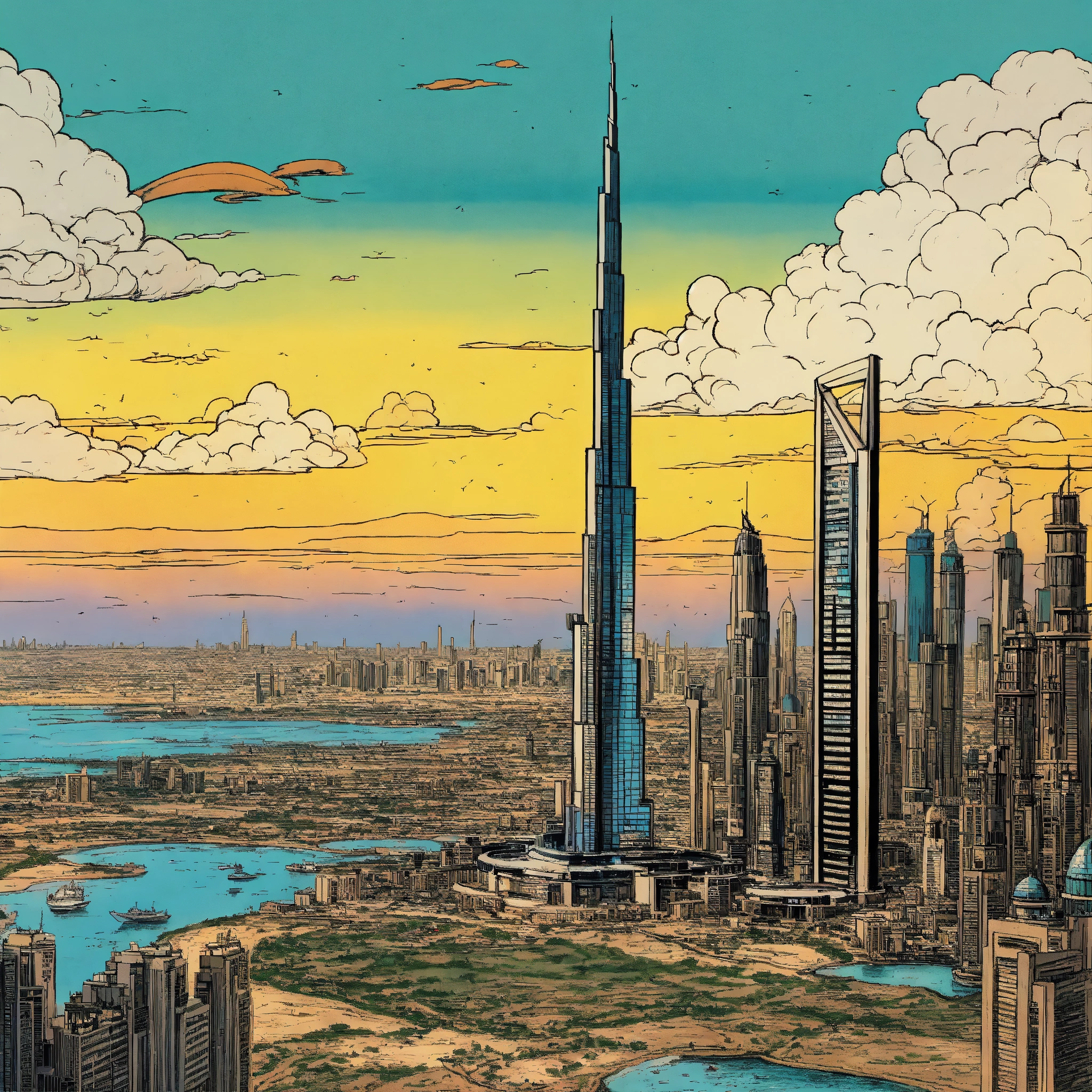 Lexica - Stunning Dubai skyline, illustrated by hergé, style of tin tin ...