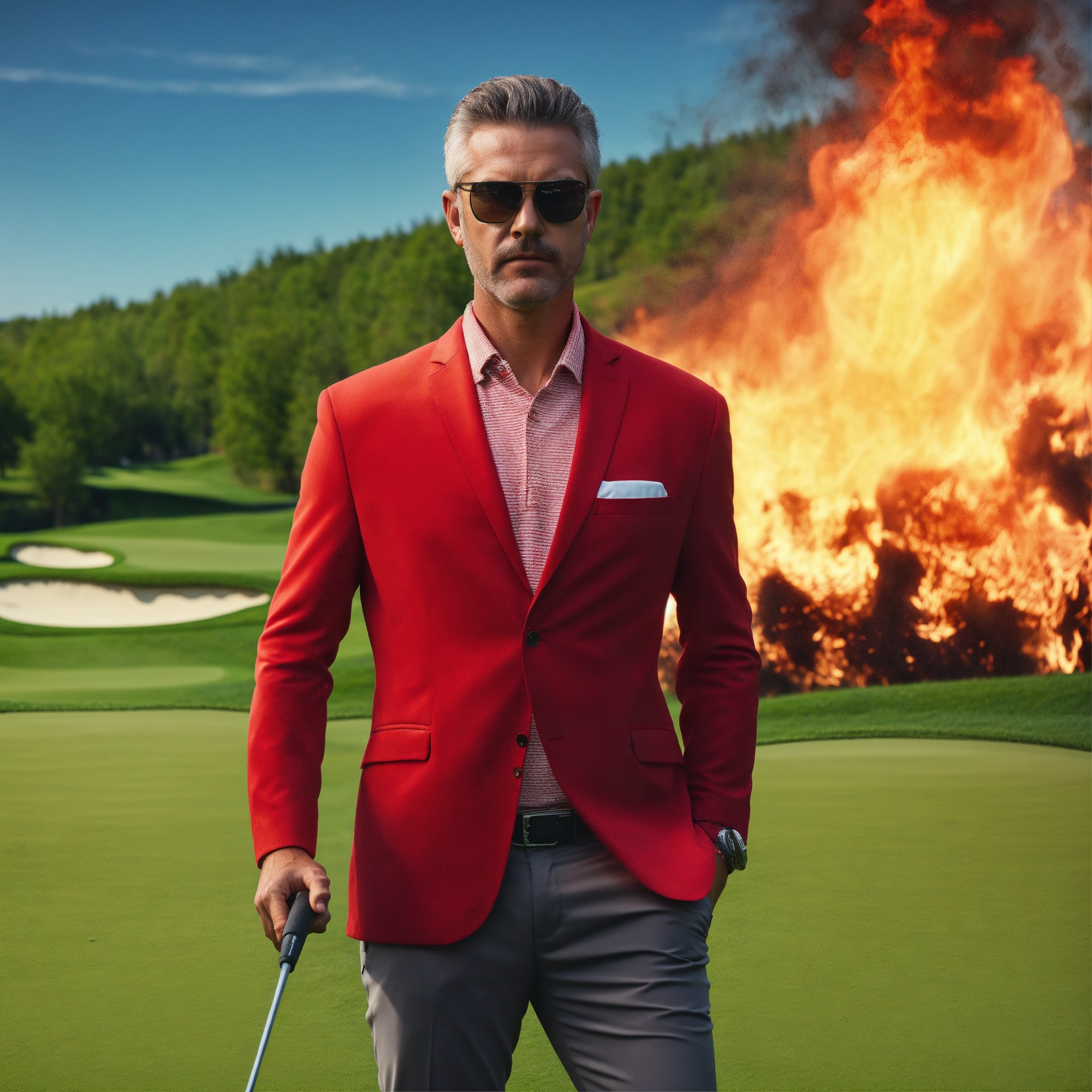 Lexica - 4k hd ultra realistic man red blazer, sunglasses. golf club on ...