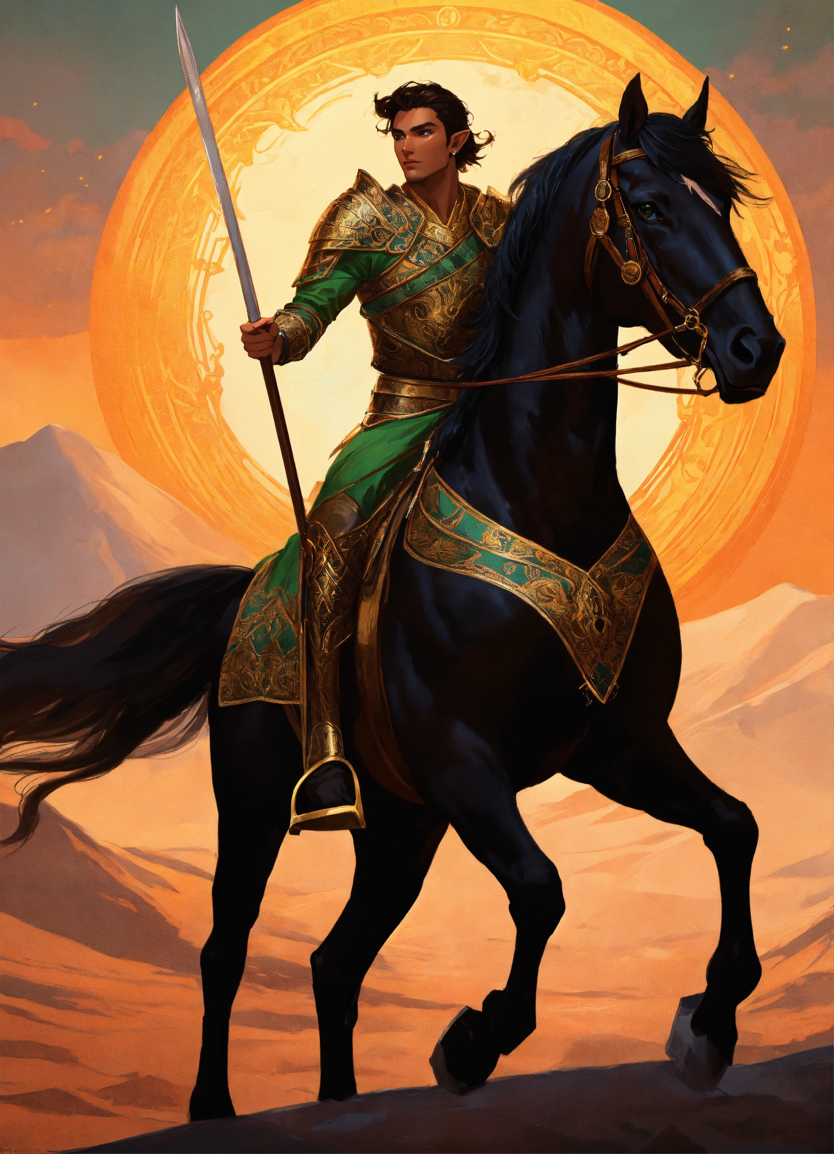 Lexica - A handsome persian elf male warrior riding large black horse ...