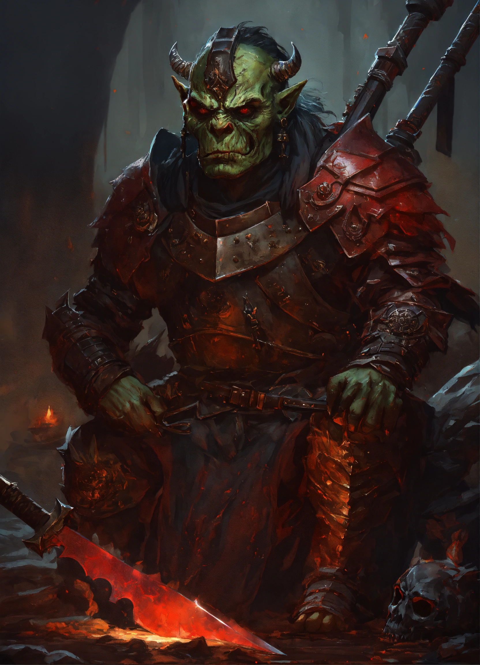 Lexica - Genre realism. Race Orc. A warrior dressed in plate armor sits ...