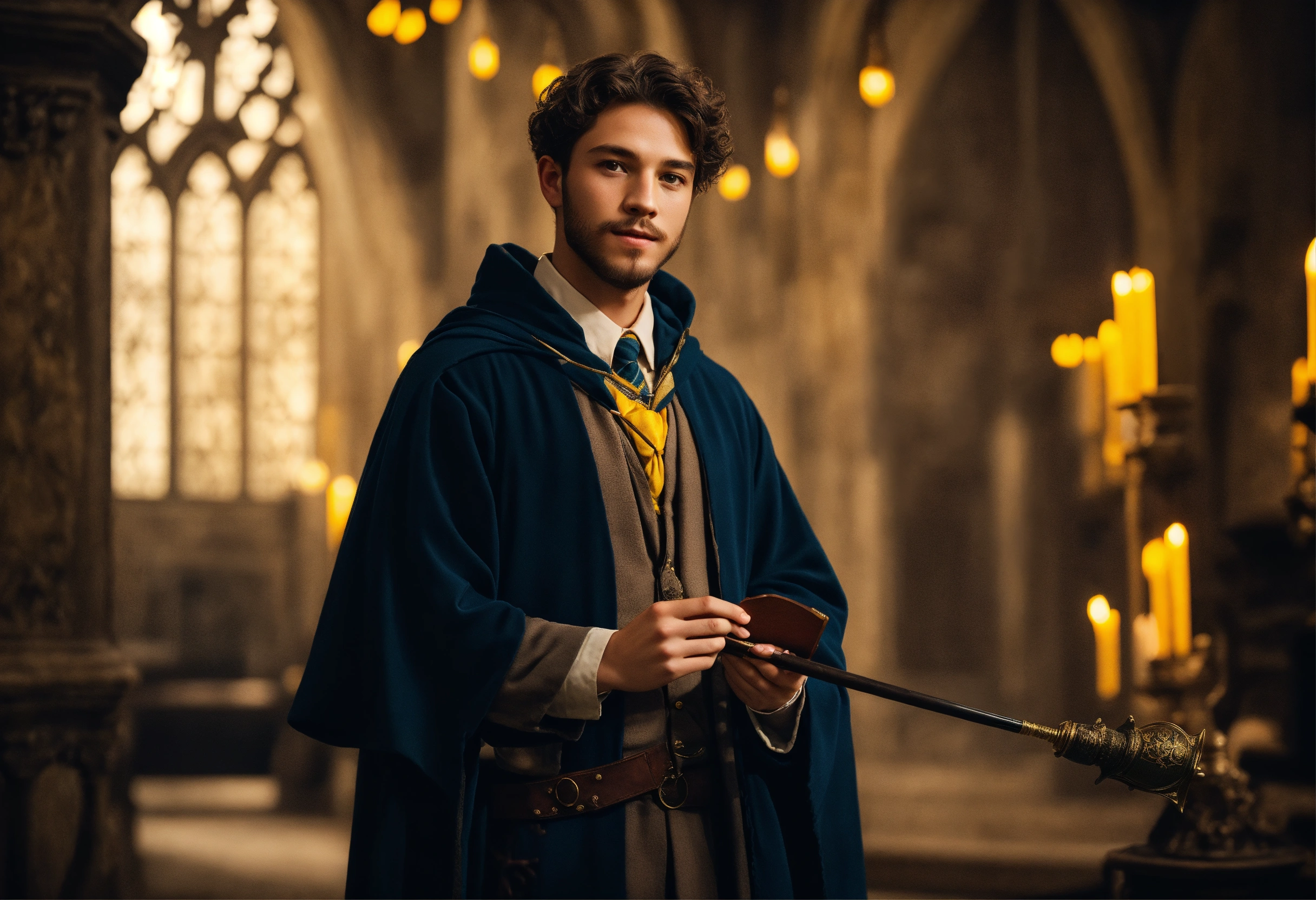 Lexica - Cute man young wizard, inside Hogwarts with a magic wand in ...