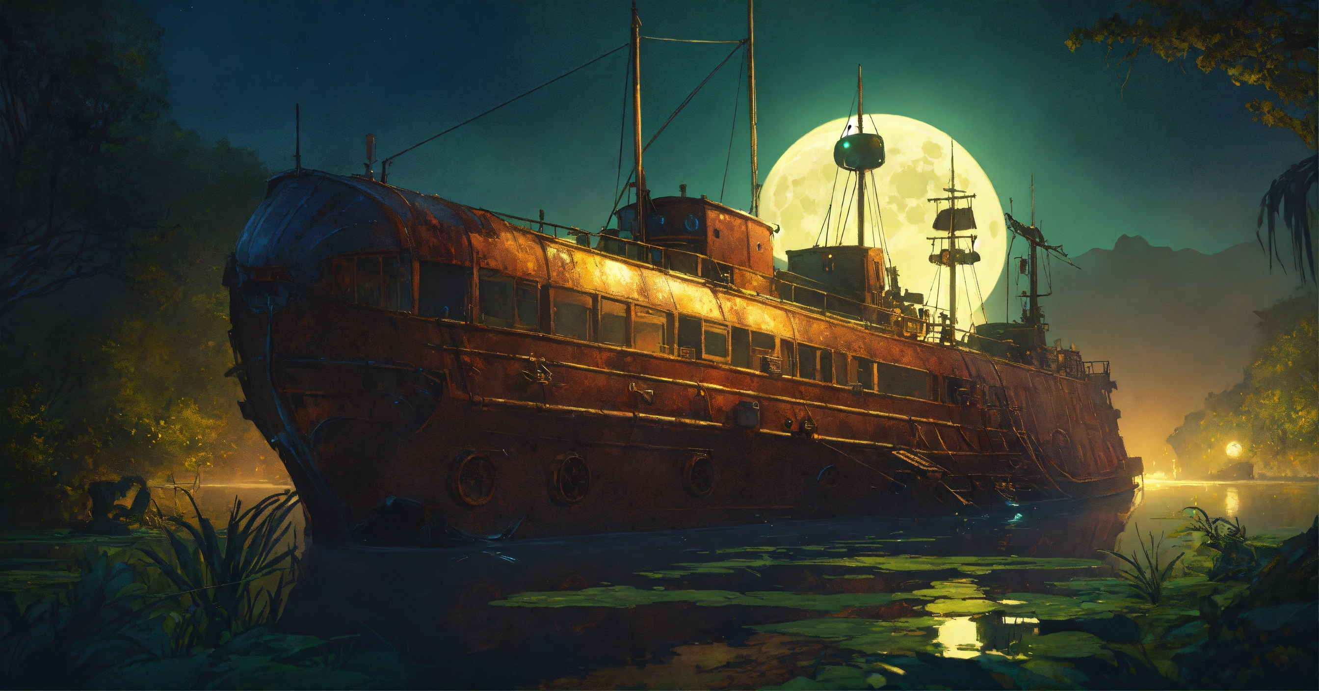 Lexica - Beached overgrown steampunk submarine tilted rusty shipwreck ...
