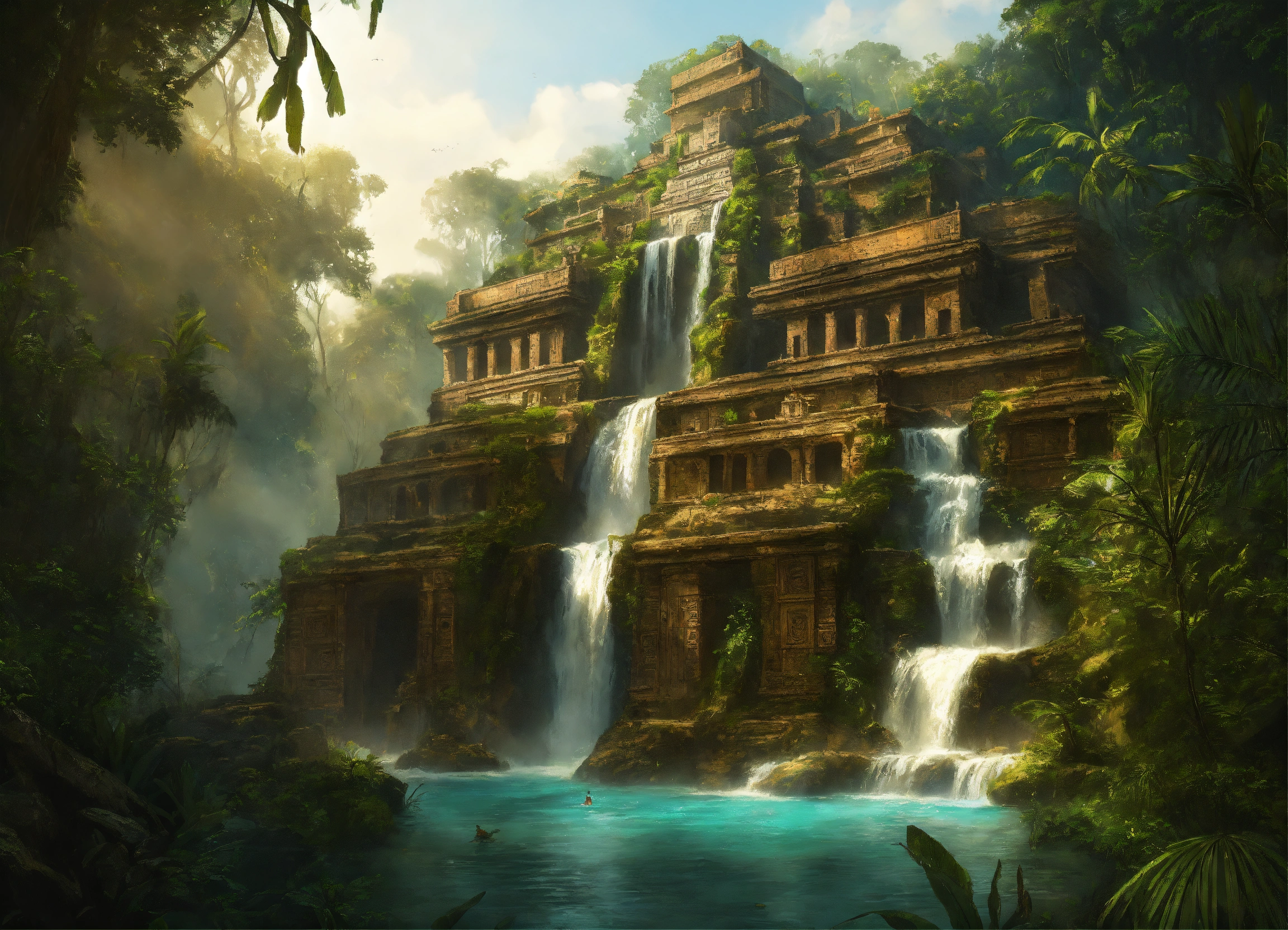 Lexica - Mayan city in the jungle near a waterfall landscape, 16th ...