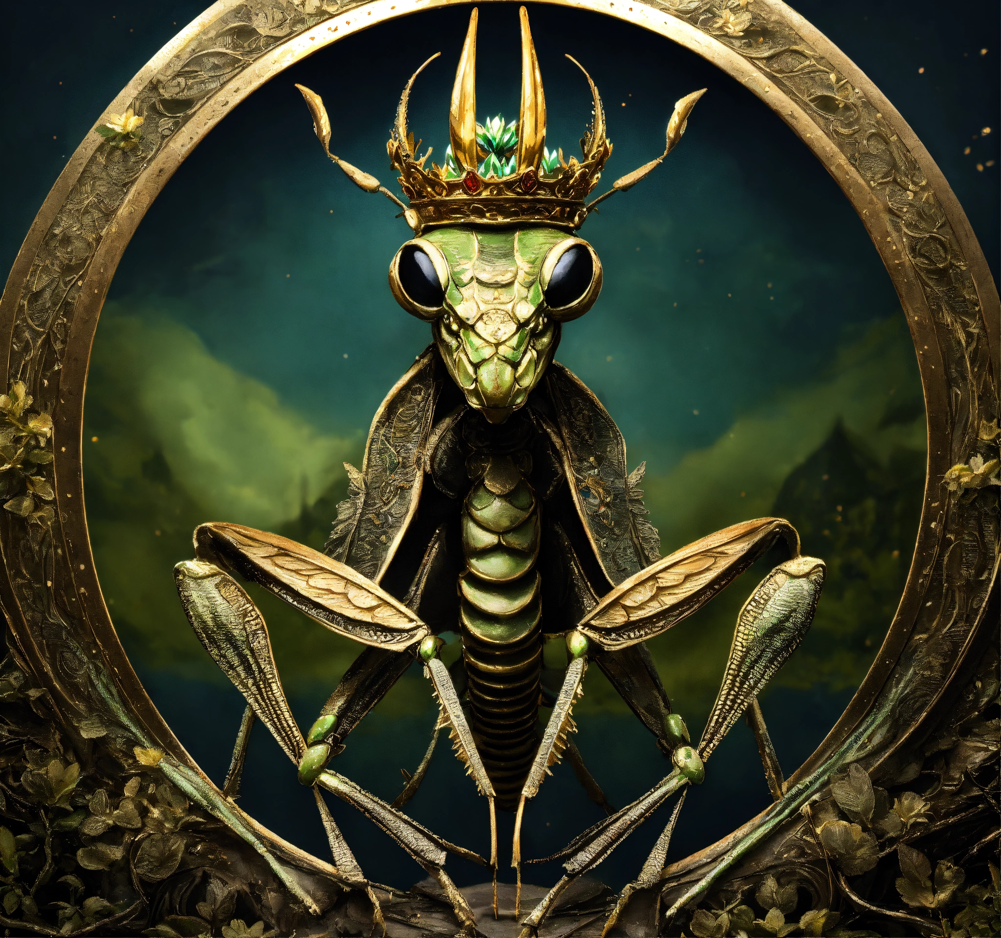 Lexica - Ominous Praying Mantis wearing an elaborate crown, symbolic ...
