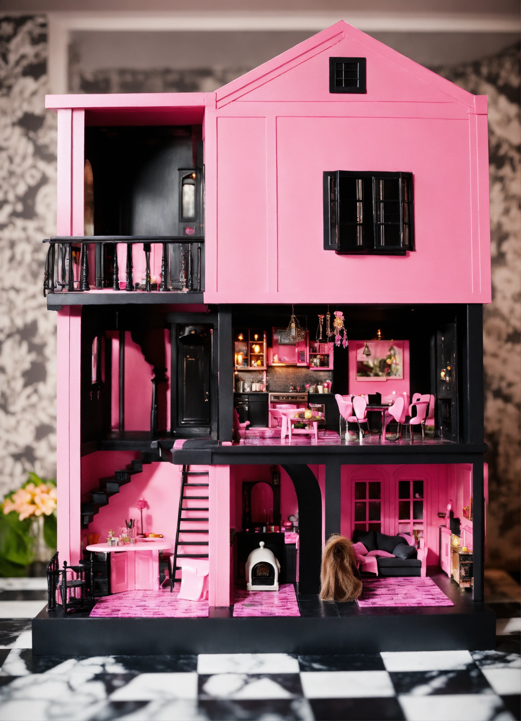 Lexica - Barbie dolls house, pink and black witches house interior ...