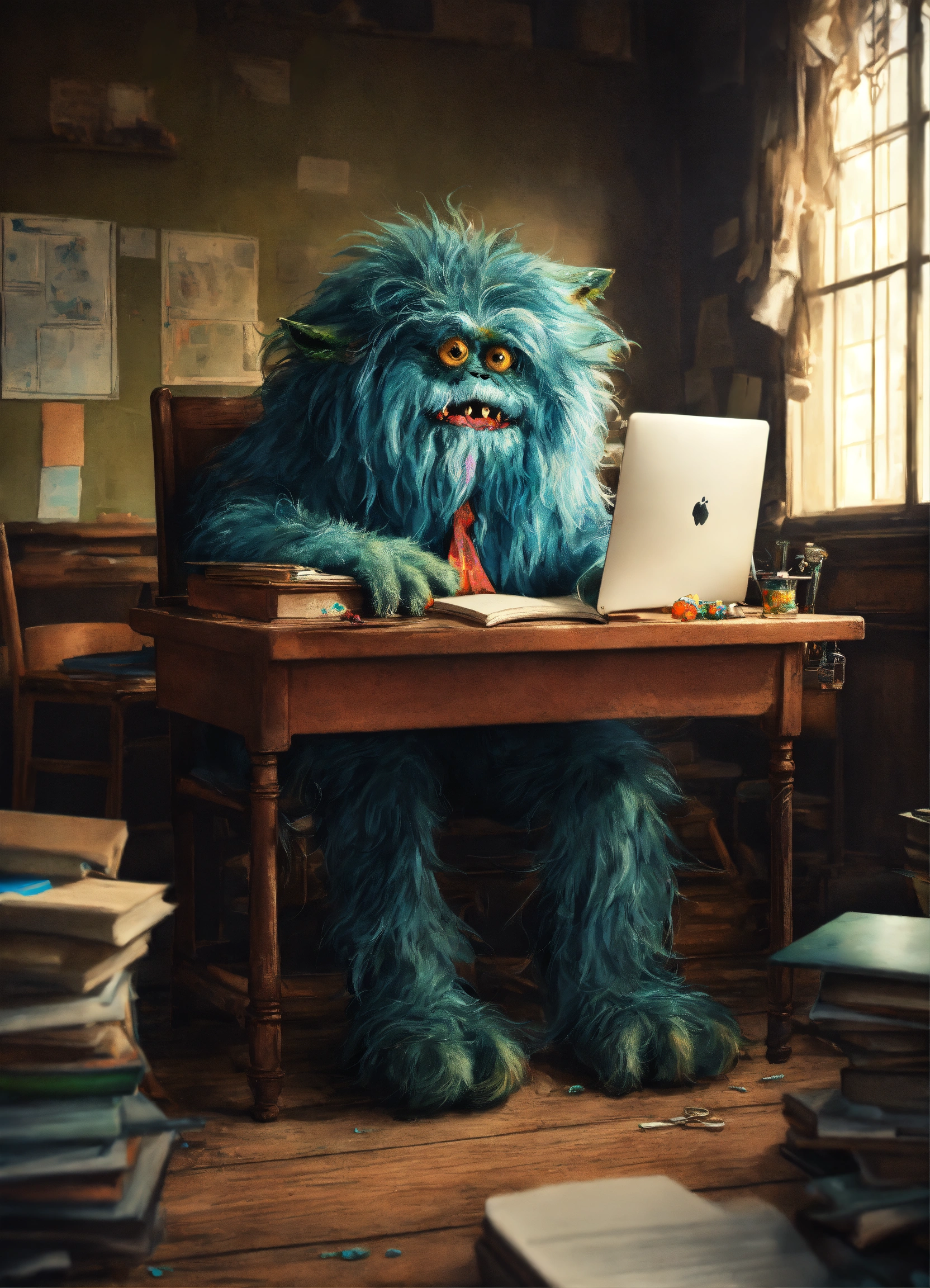 Lexica - A whimsical hairy monster sitting at a school desk, perfect ...