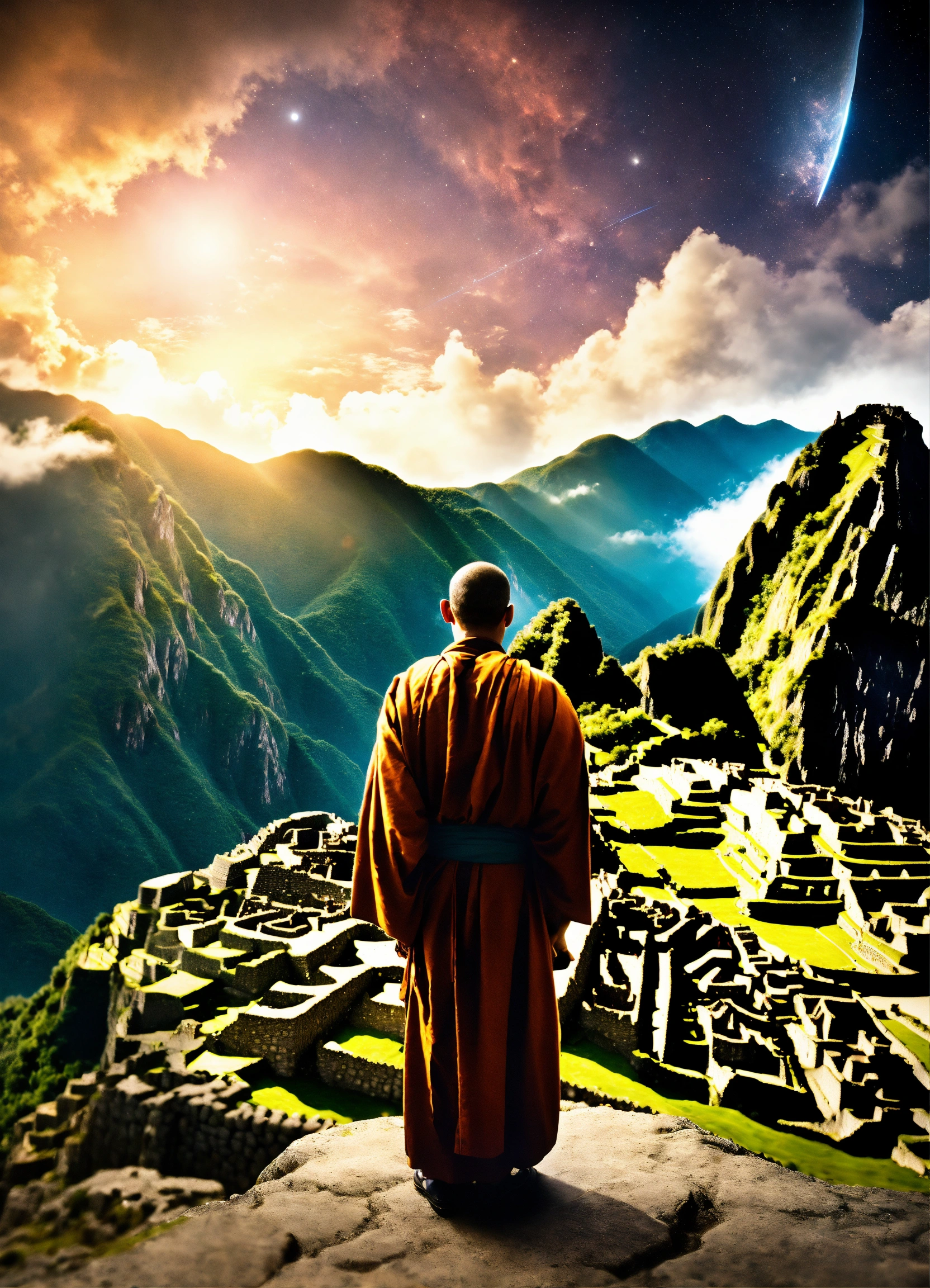 Lexica - Machu Picchu, alien spaceship above the sky, earth as a post ...