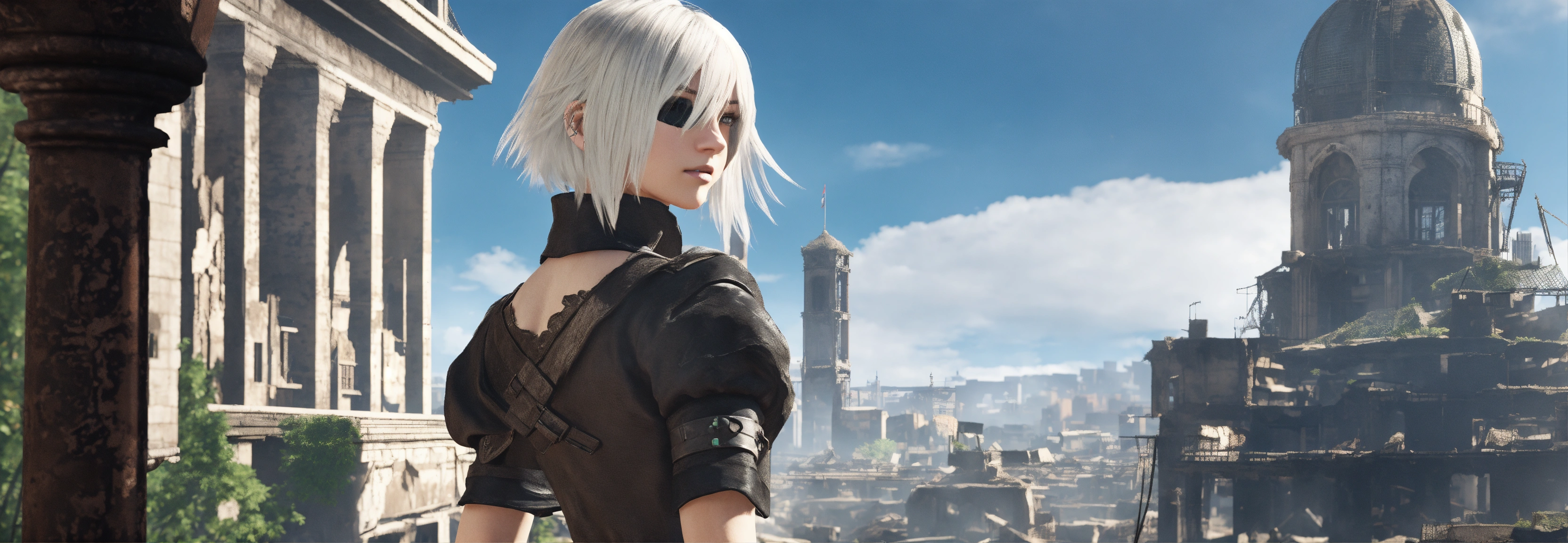 Lexica - Render of nier automata A2 long white hair, blue eyes, in city ...