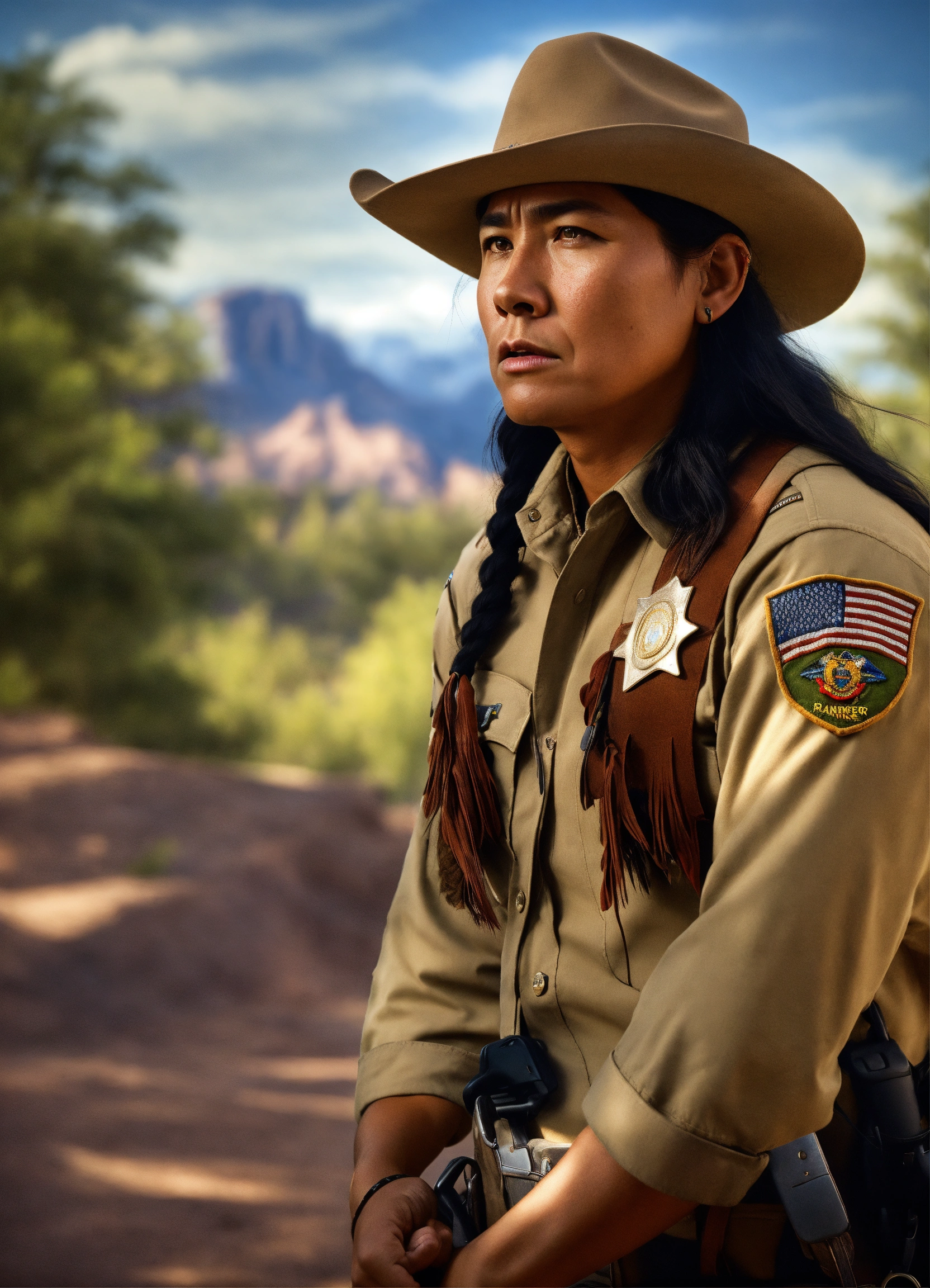 Lexica - Portrait of an native american park ranger scared, realistic ...