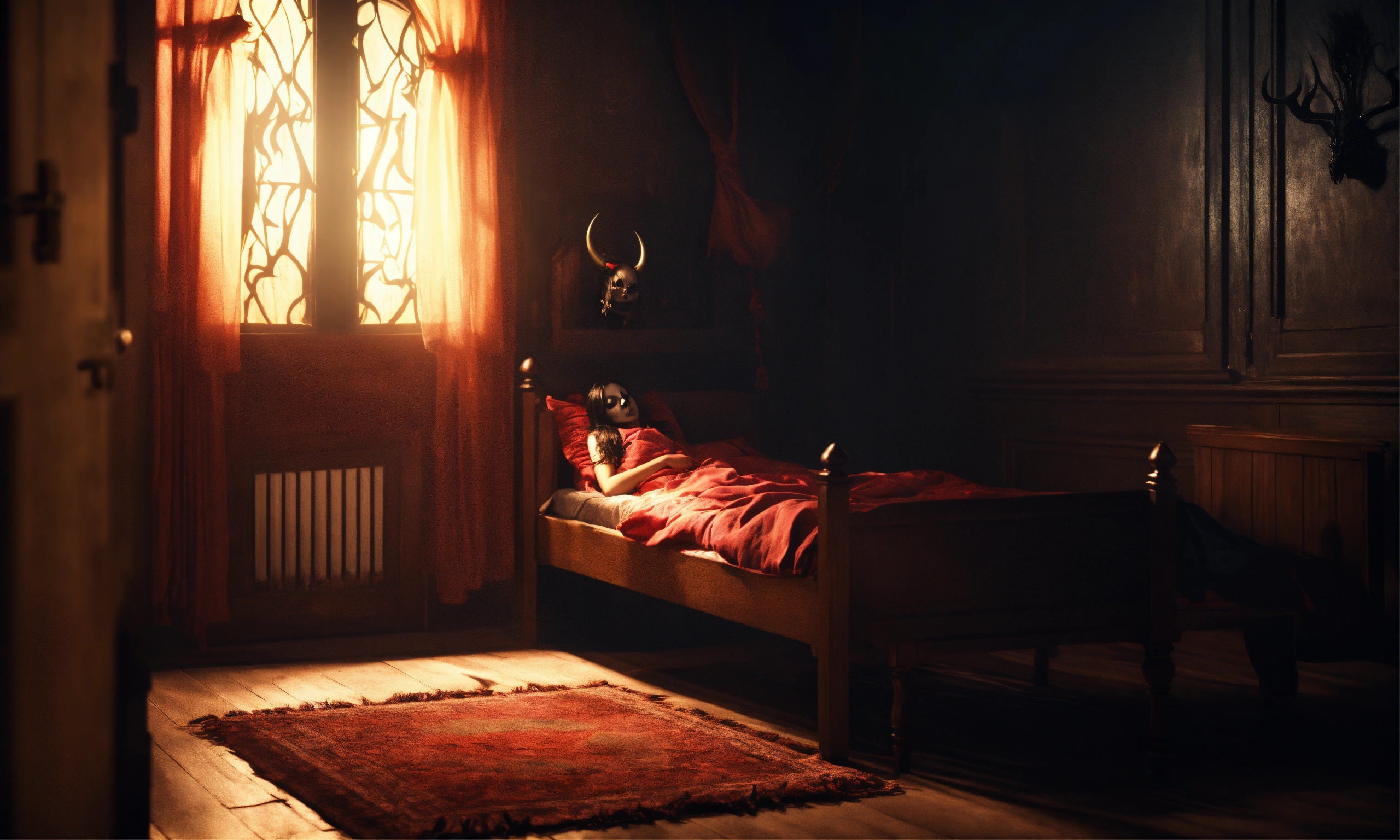 Lexica - Spooky dark room; girl sleeping; a demon at the door; scary ...