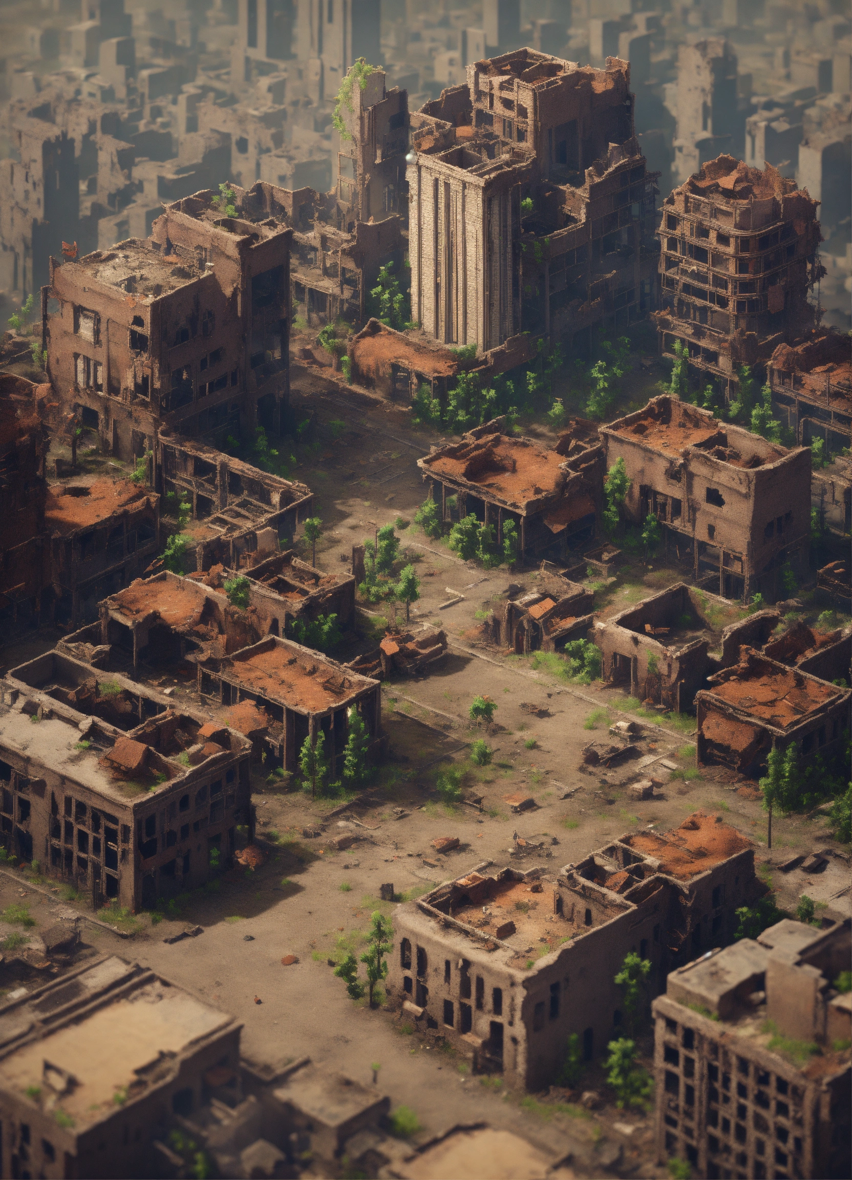 Lexica - Simple pixel apocalyptic city ruins from directly above