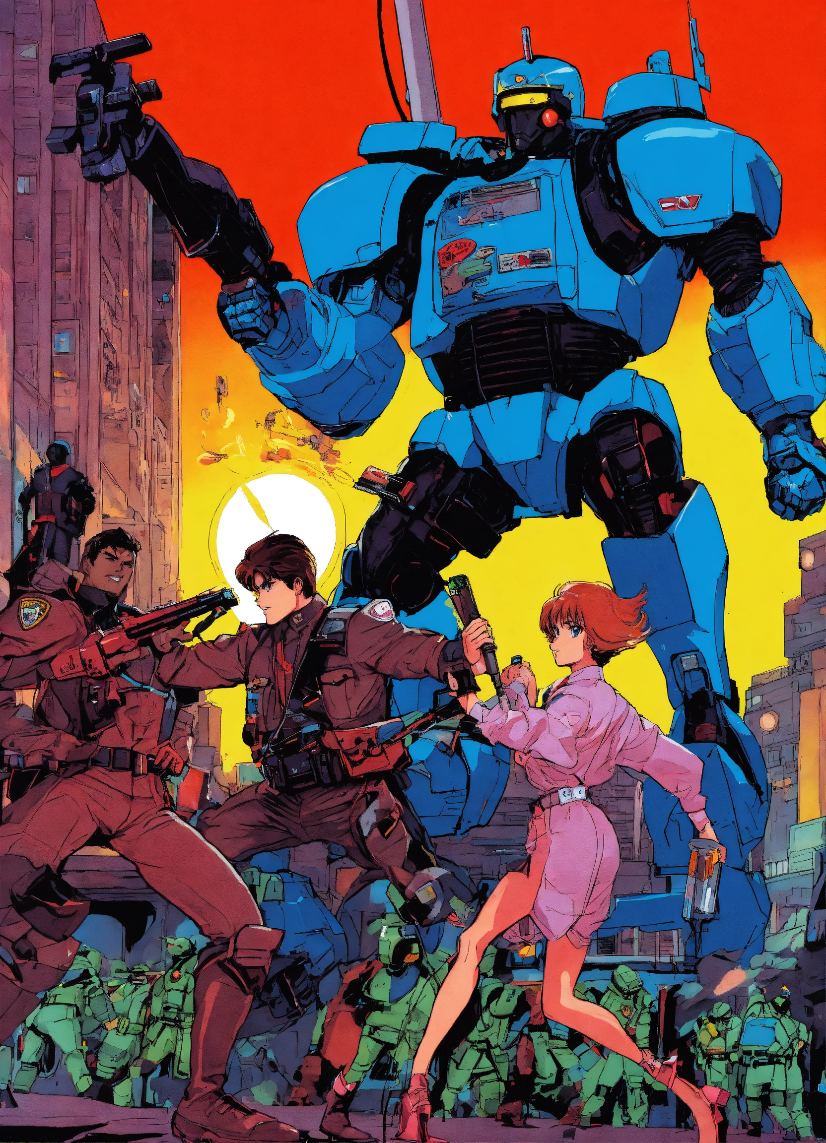 Lexica - 80s anime evil cops and robots fighting comic cover