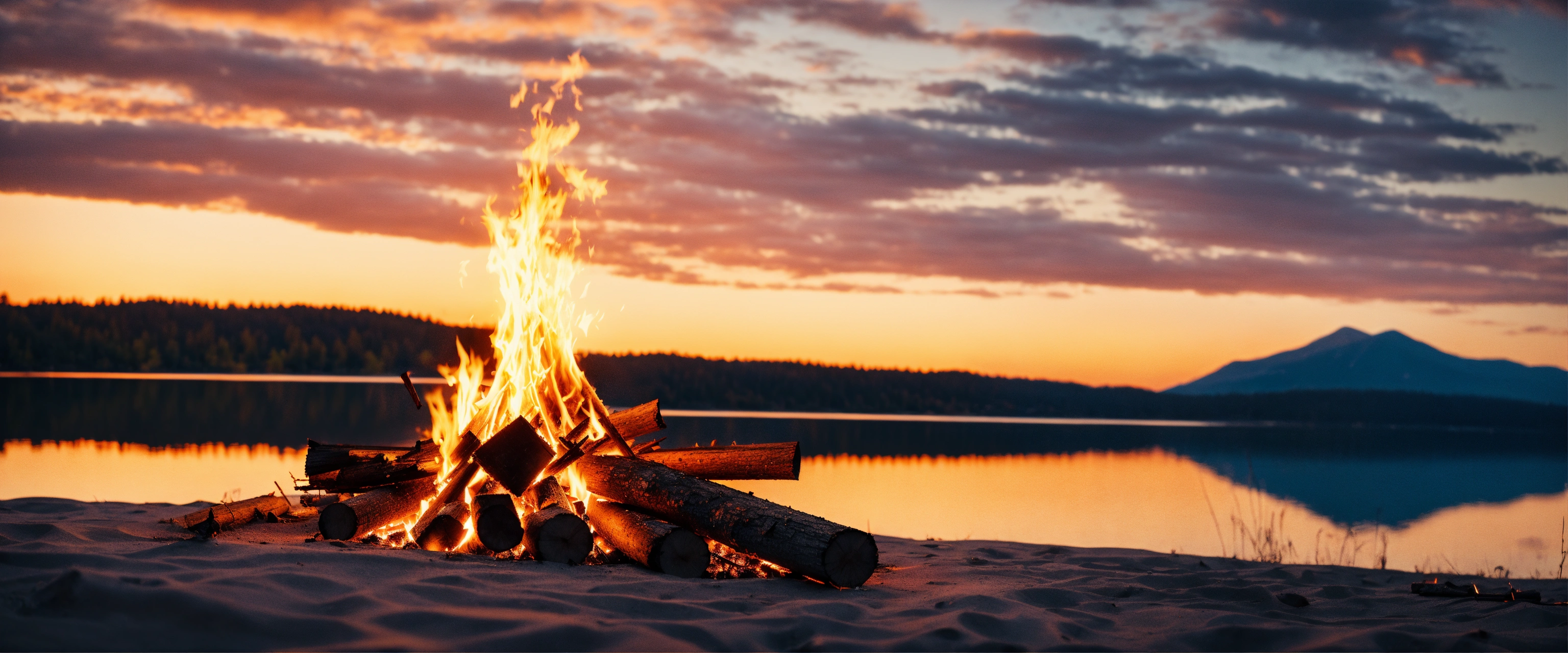 Lexica - Close-up on Glowing campfire by the lake. Sunset with open ...