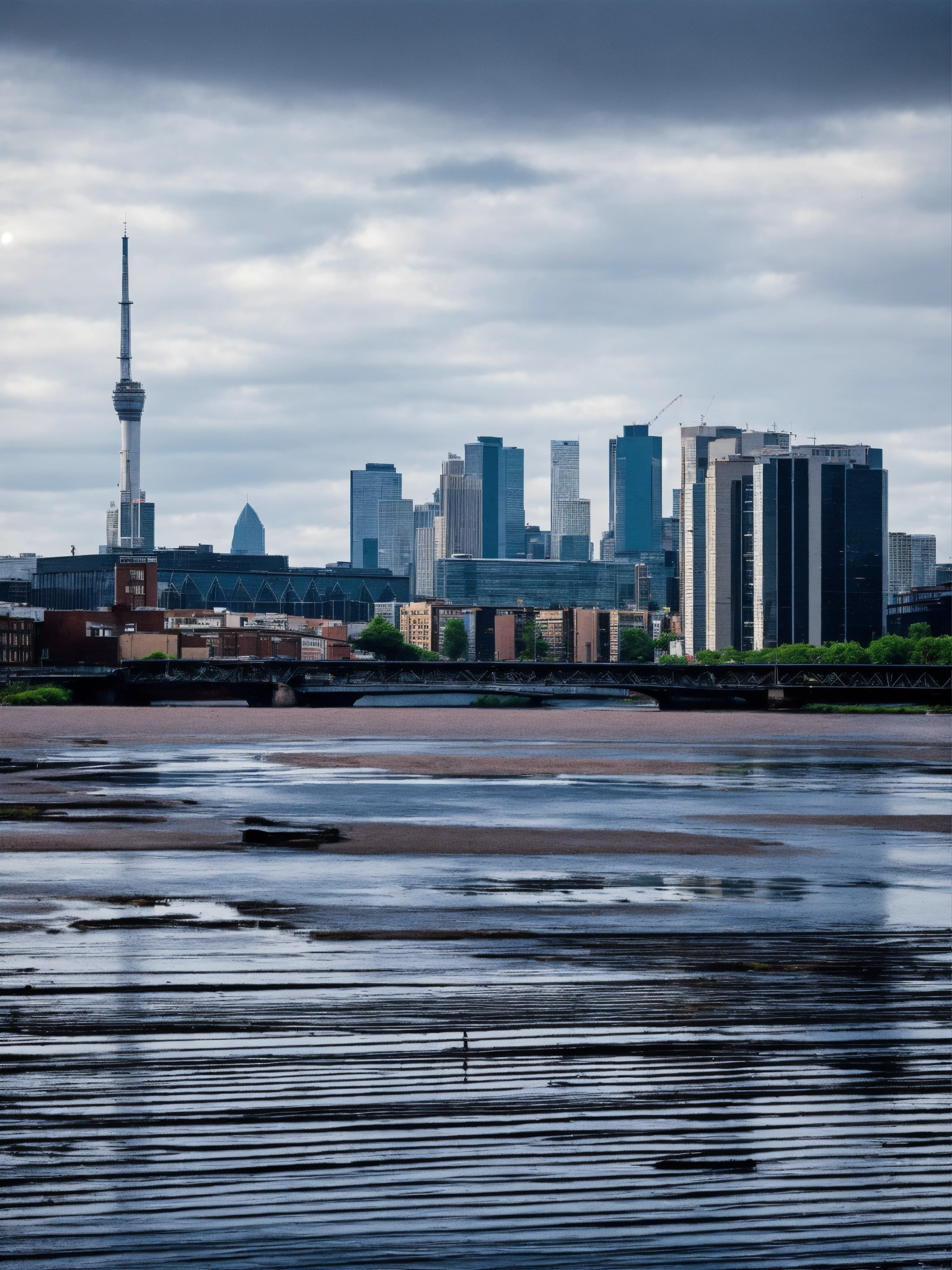Lexica - Cityscape from a riverbank, gritty urban