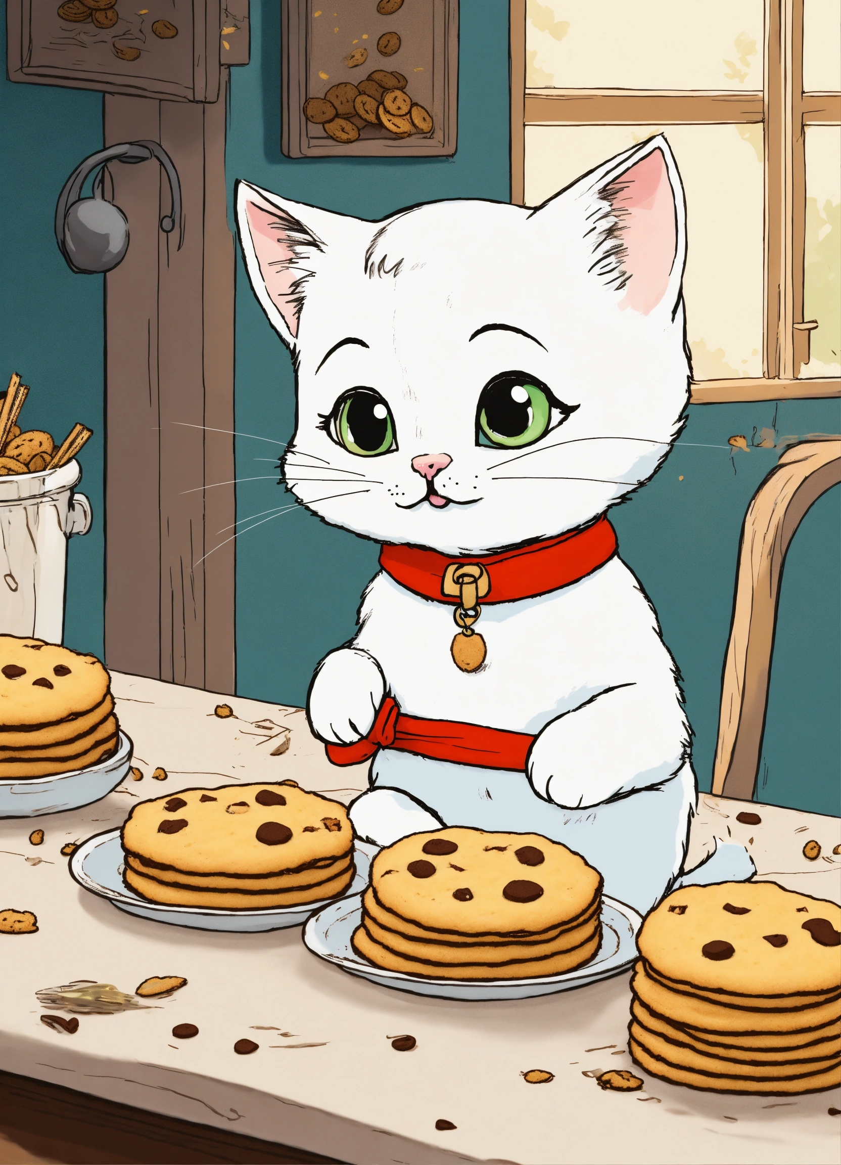 Lexica - A cute ADORABLE white LITTLE cat WITH BIG EYES, eating messy ...
