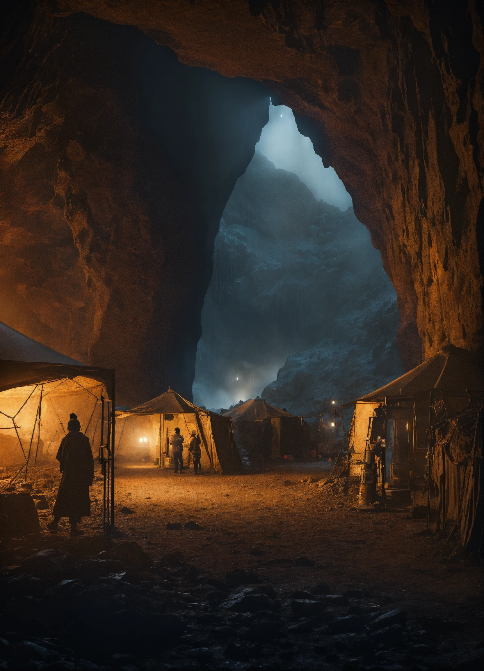 Lexica - A refugee camp inside a dark cave. Large metal clockwork gates ...