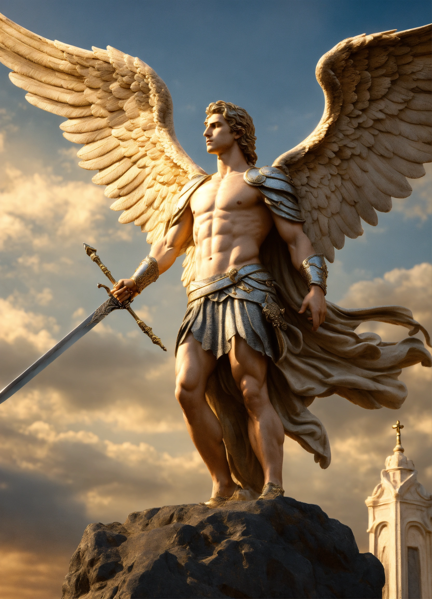 Lexica - A man angel with wings and a sword in right hand and raising ...