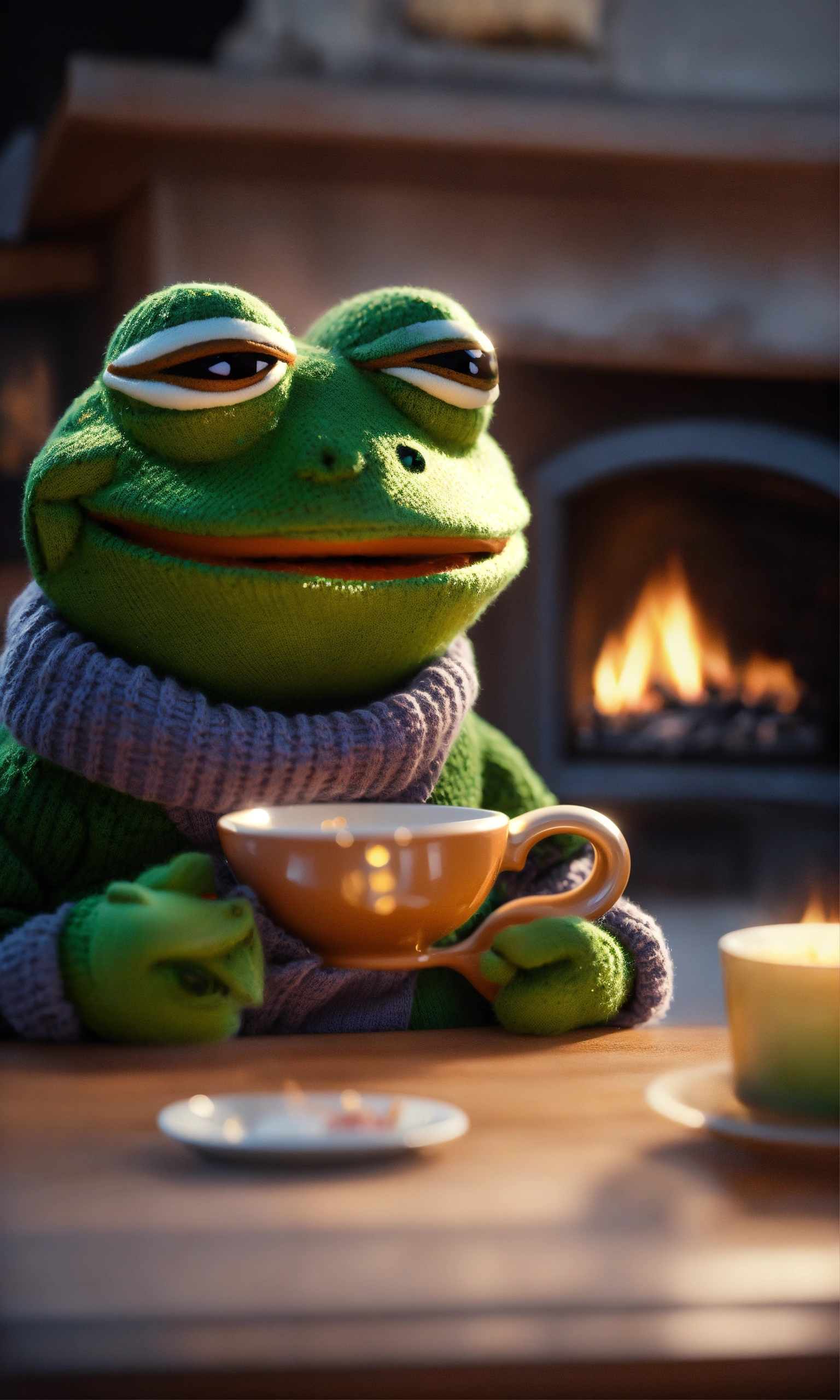 Lexica - A tiny pepe the frog sipping tea wearing a cozy knit sweater ...