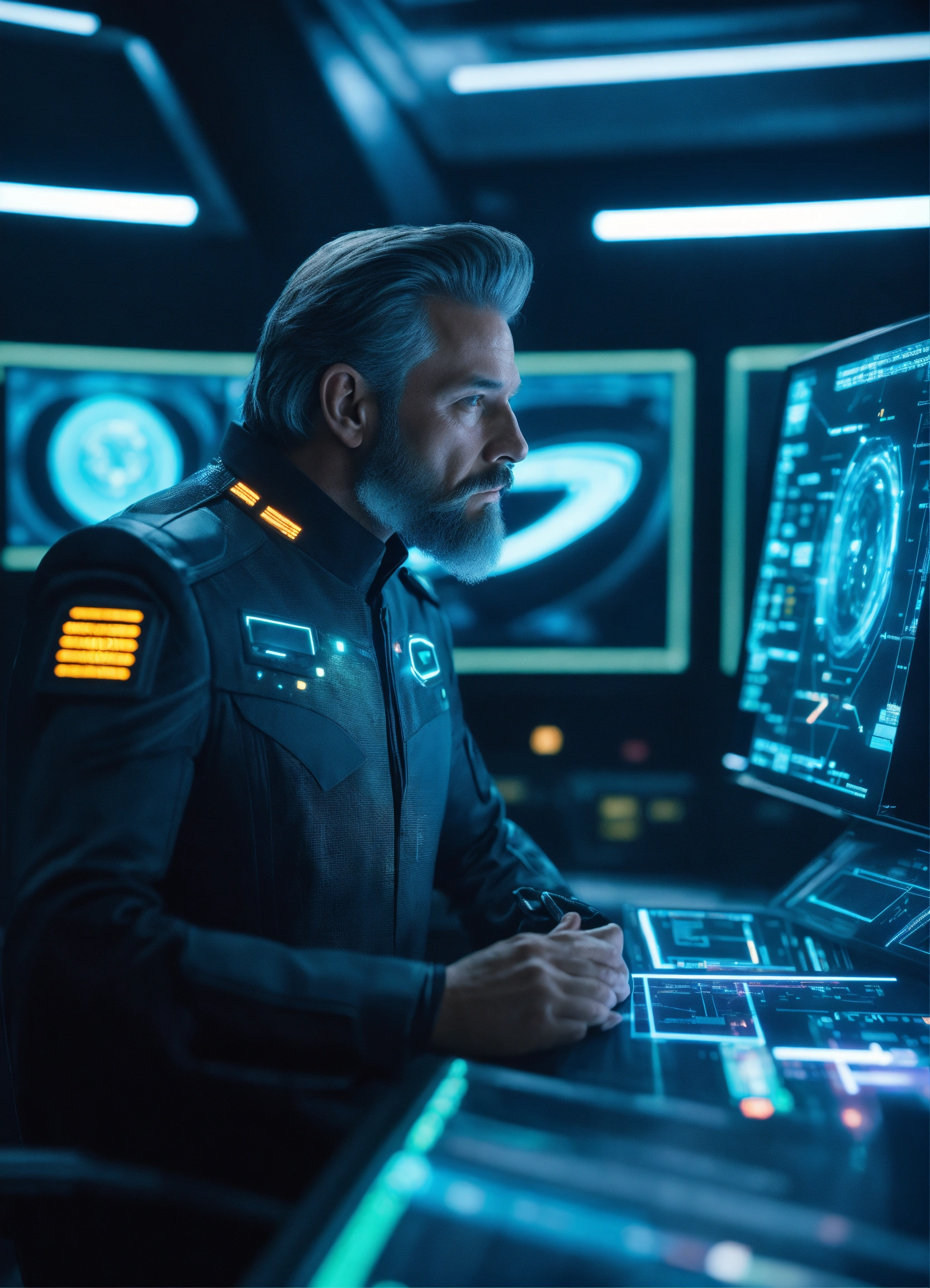 Lexica - 50 year old masculine star commander looking at a hologram ...