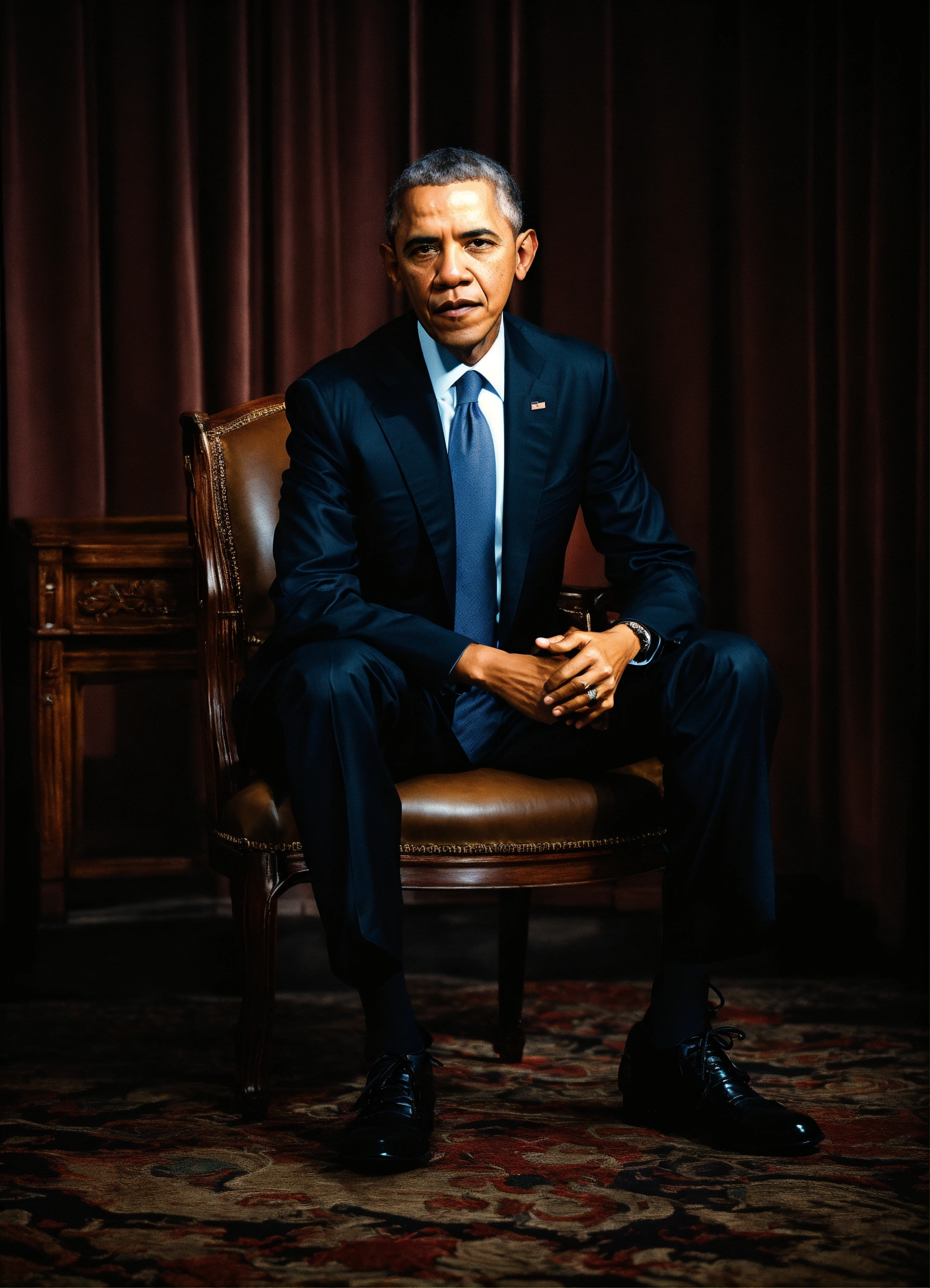 Lexica - Barack Obama sitting on a chaire in a dark room and very dark ...