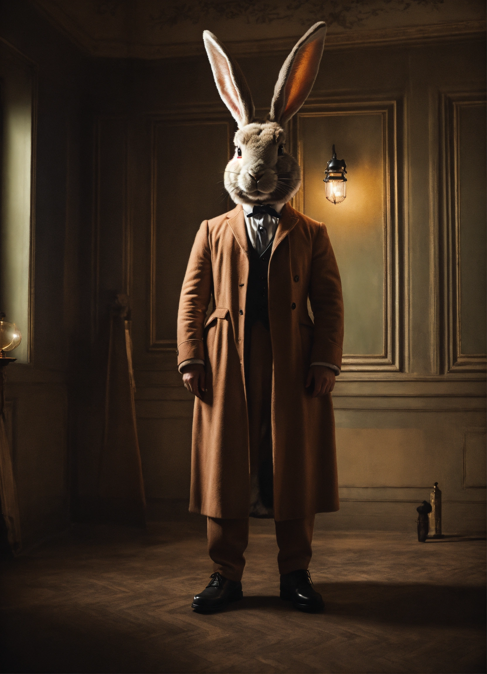 Lexica - Womwn with the head big rabbit like man a light black room ...