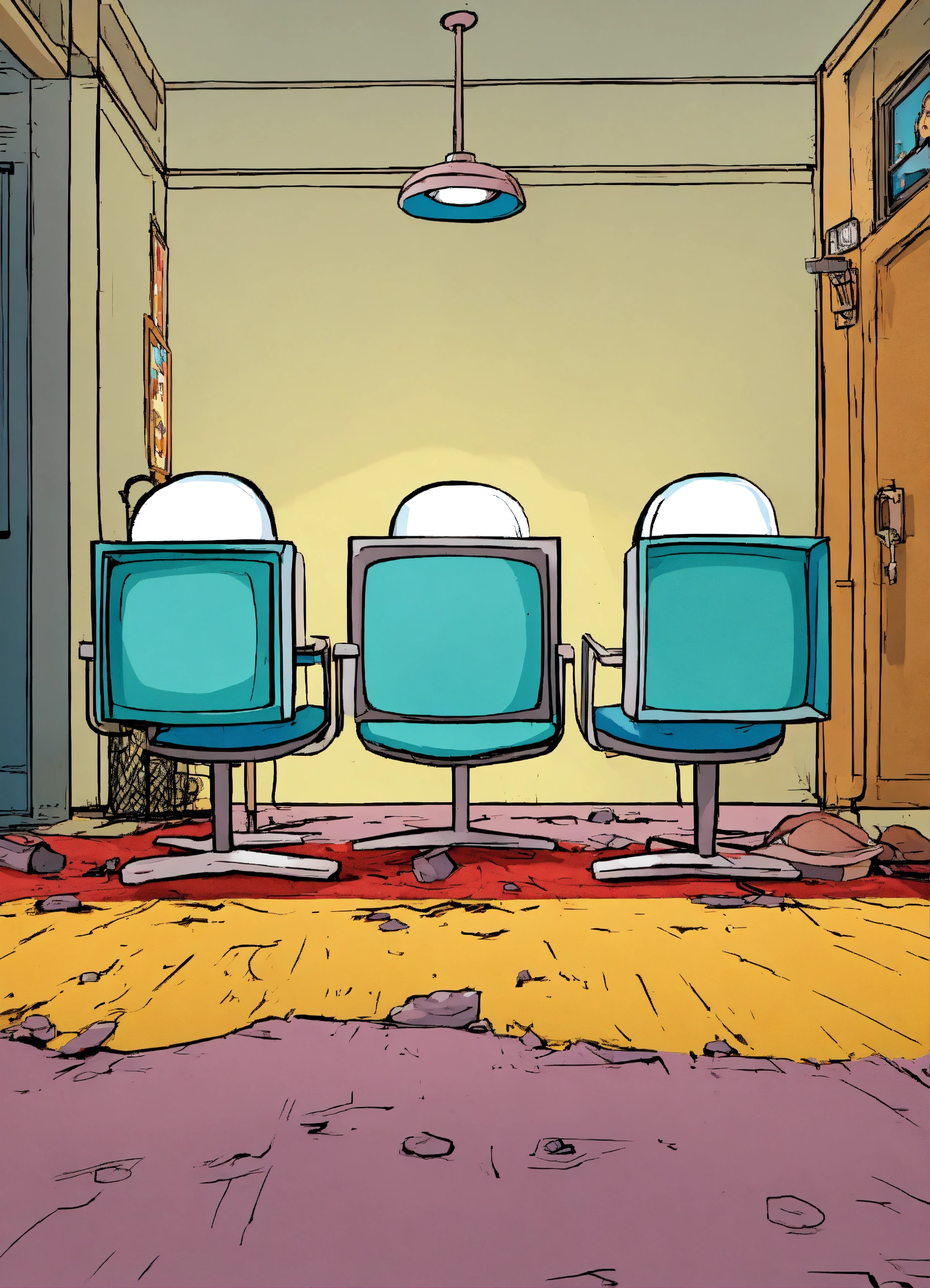 Lexica - Comic character, three chairs facing a tv