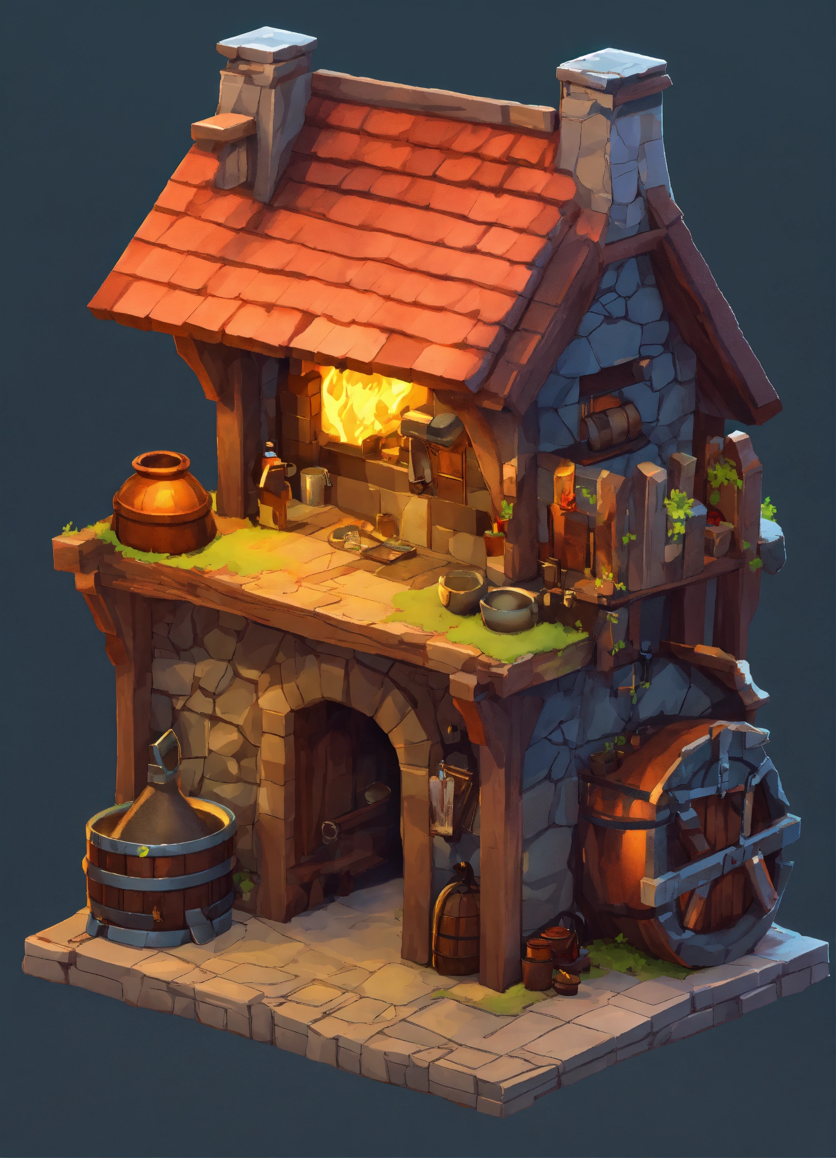 Lexica - Game art, blacksmith forge, isometric, full view, outside view ...