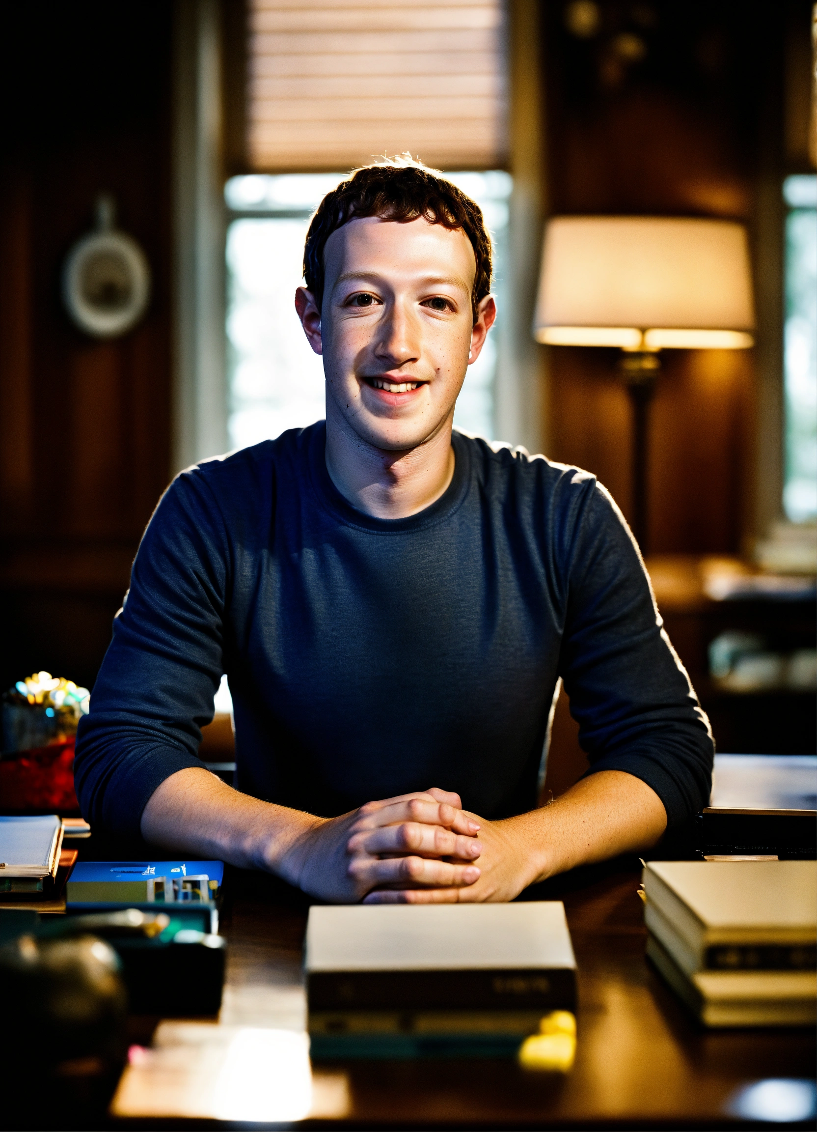 Lexica - A portrait of Mark Zuckerberg, at his desk, looking at the ...