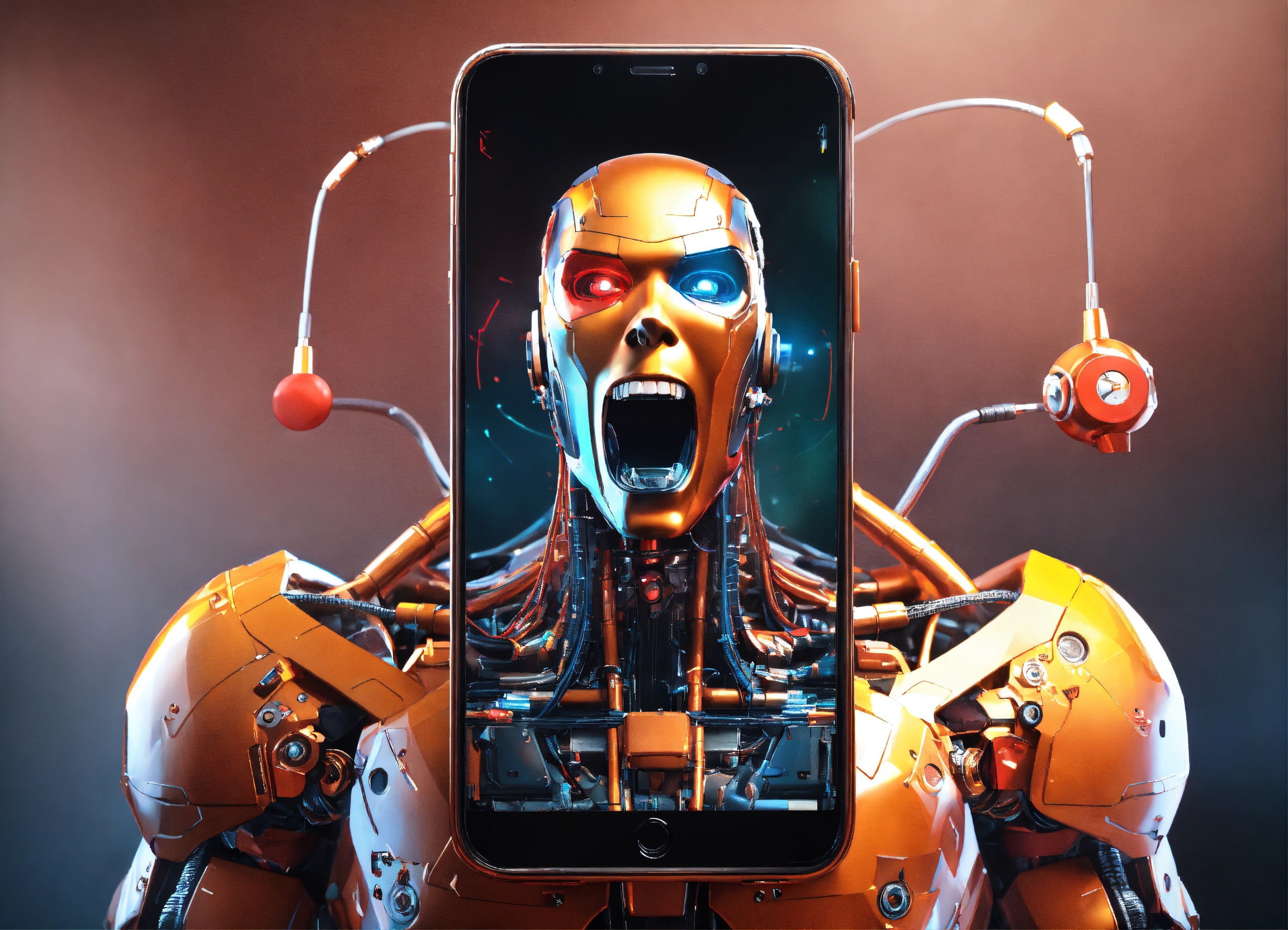 Lexica - Cyborg, 3d, come out from cellphone screen, happy, screaming