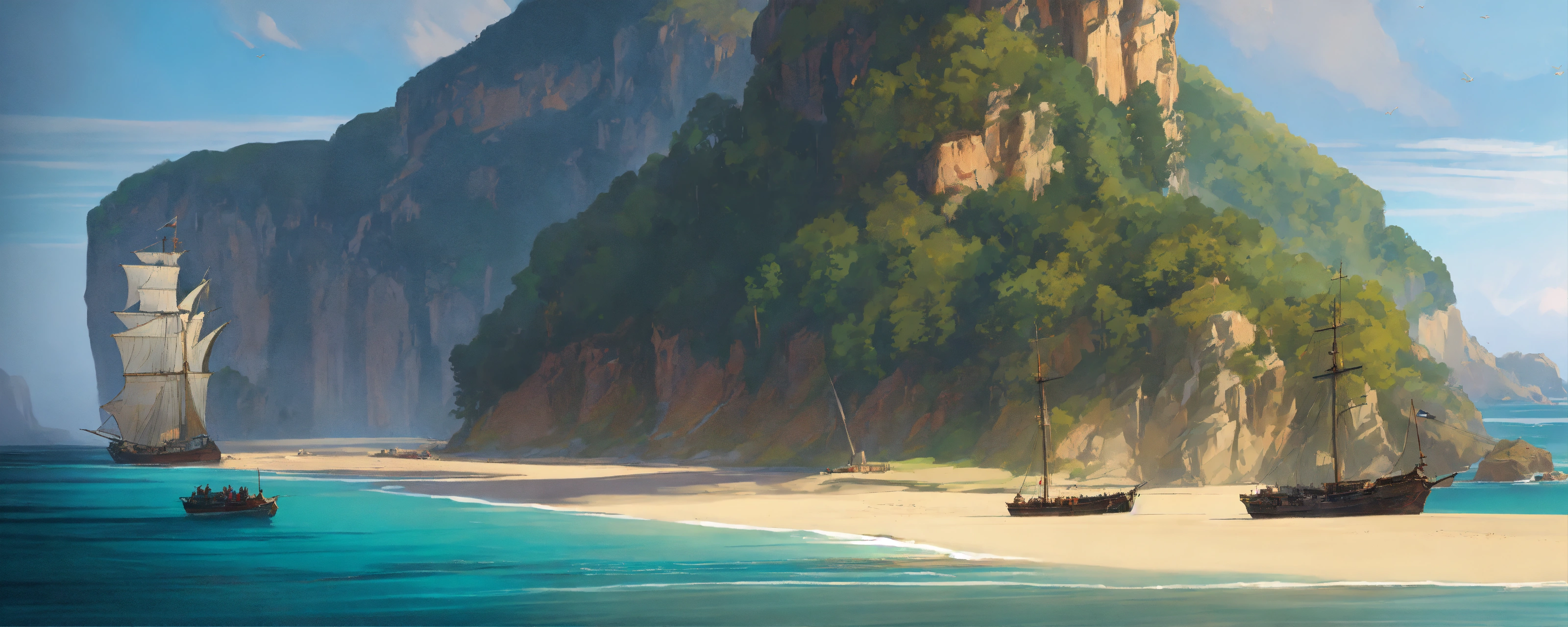 Lexica - Pine Forested mountainous coastline cliff with beach, two caravels, dark atmosphere ...