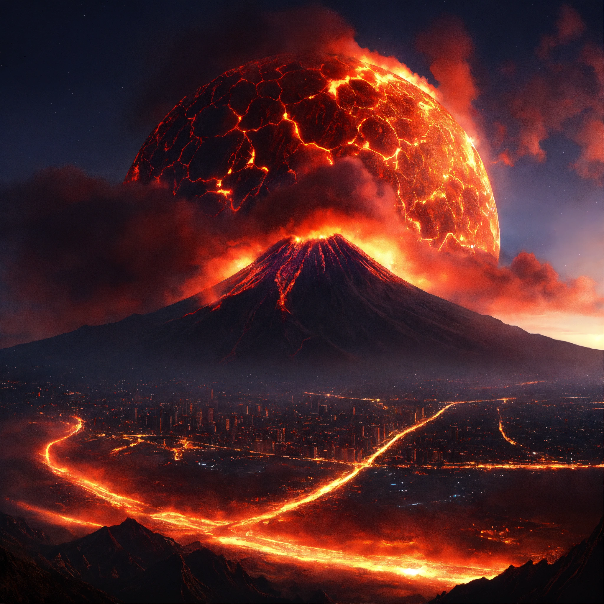 Lexica - Ultra realistic, volcano, big planet in sky, fire, black ...