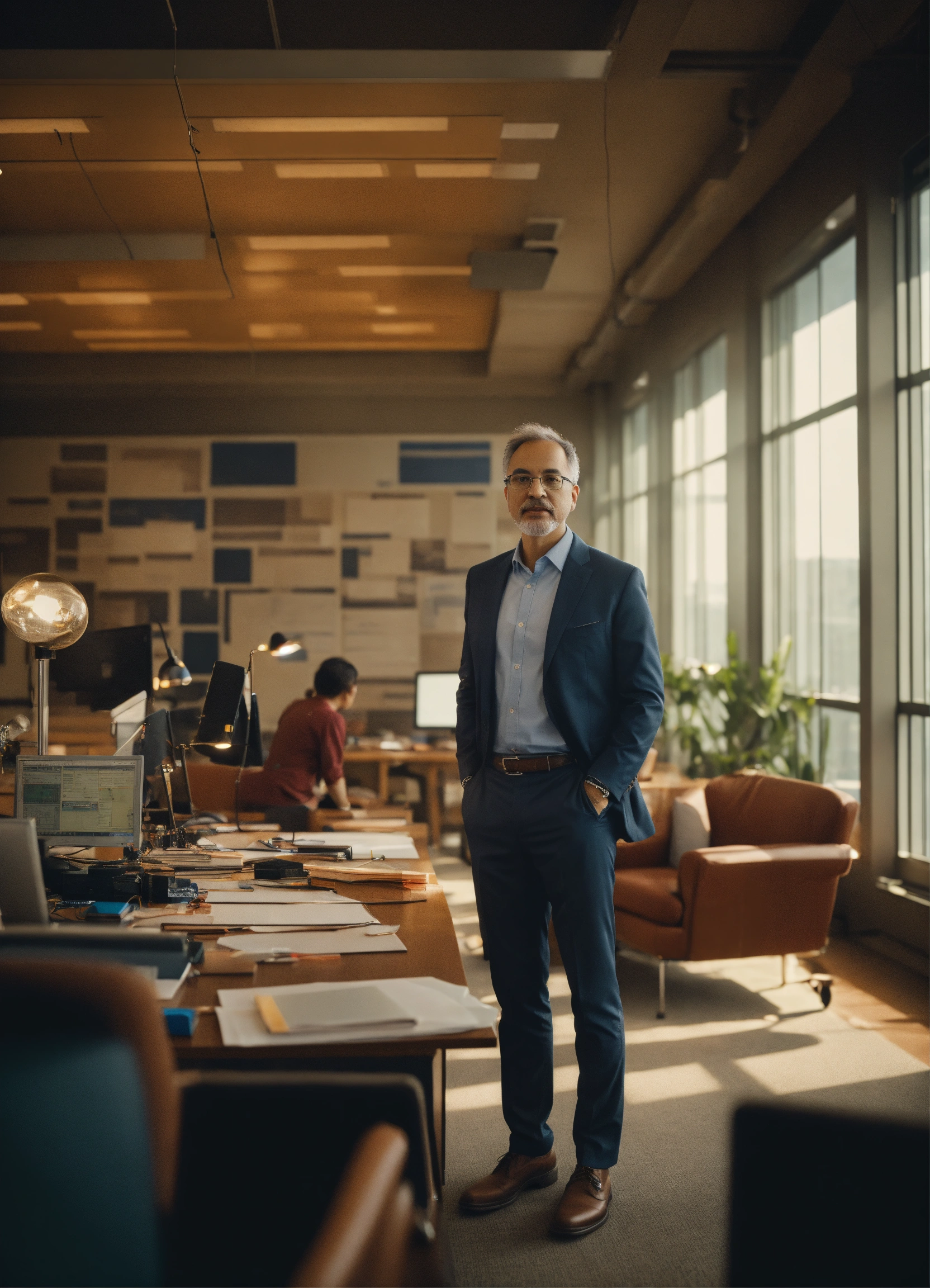 Lexica - Wide angle Environmental shot of Genius inventor in an office ...