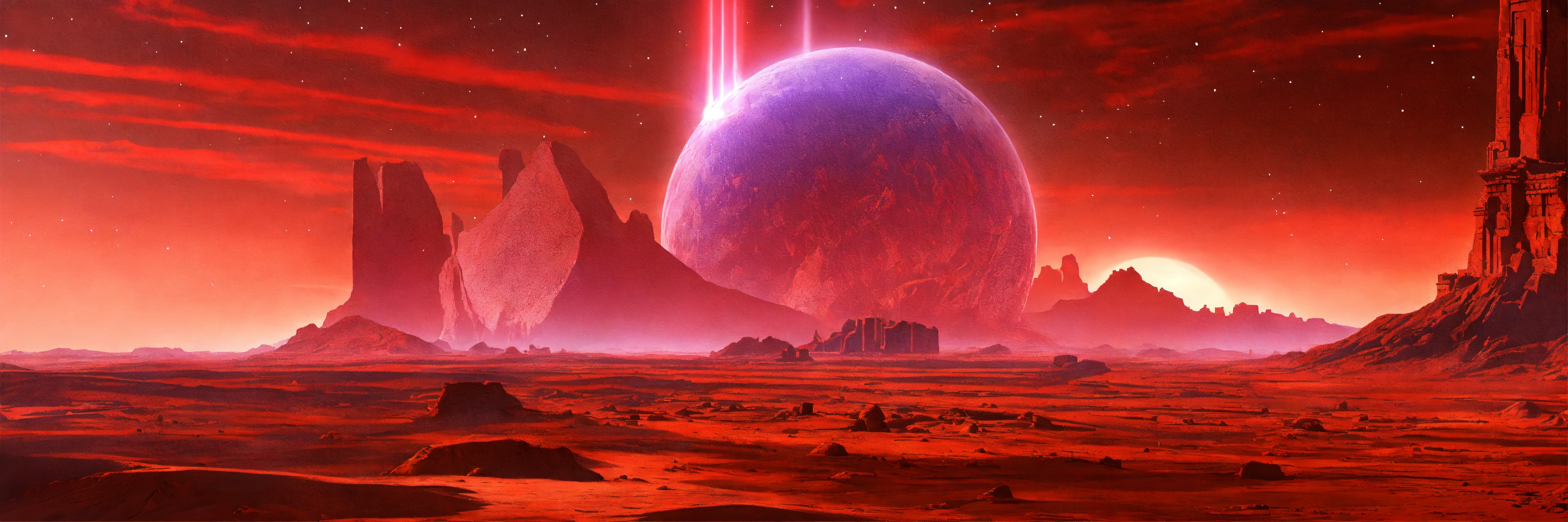 Lexica - Alien landscape, red dwarf star luminosity, 50% desert ...