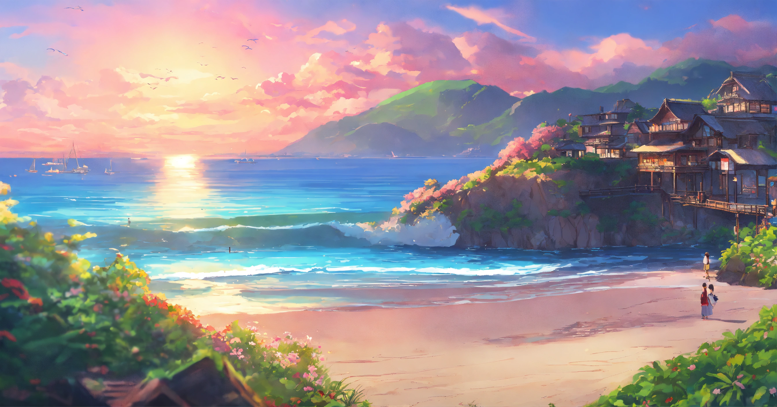 Lexica - Stunning beautiful random anime beach landscape, intricated ...