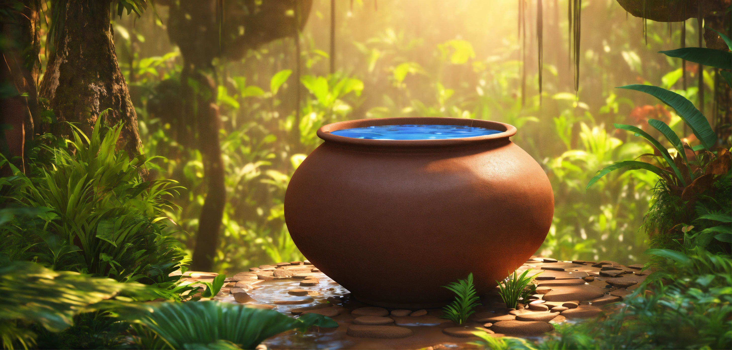 Lexica - 3d animation style big clay pot in jungle fill with water