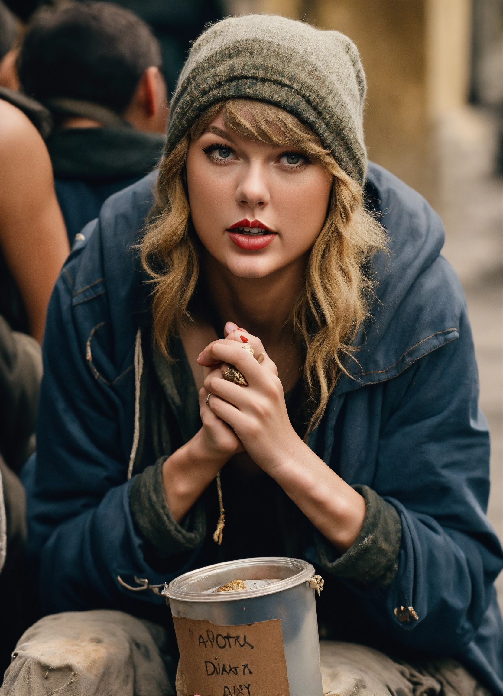 Lexica - Photo realistic shot of taylor swift dressed as a homeless person begging for money ...
