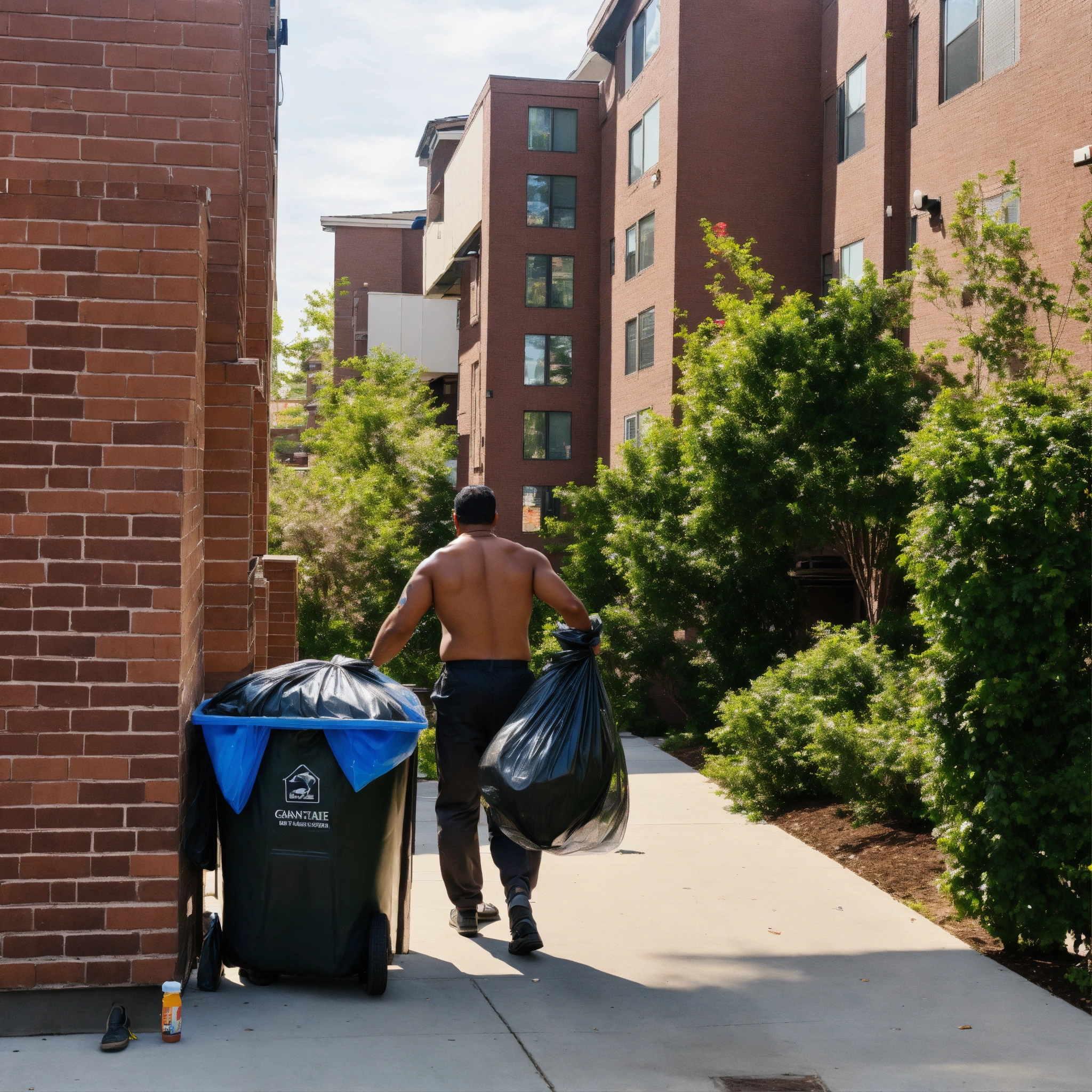 Lexica - A photo of a man taking a garbage bag out to a dumpster behind ...
