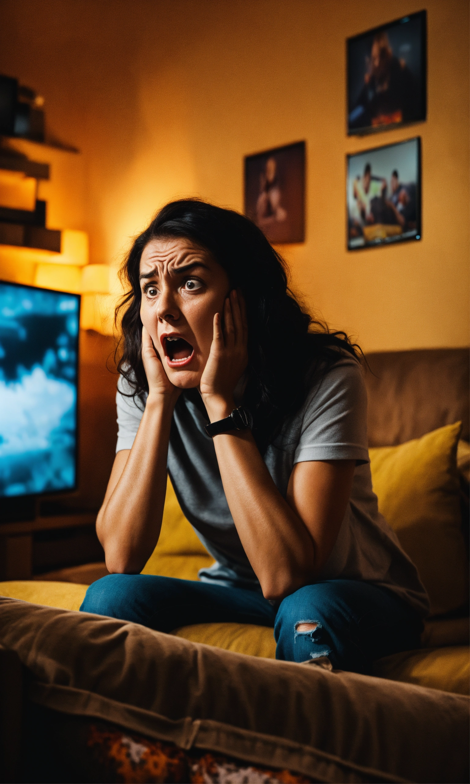 Lexica - A scared and angry person watching a TV with distressing ...