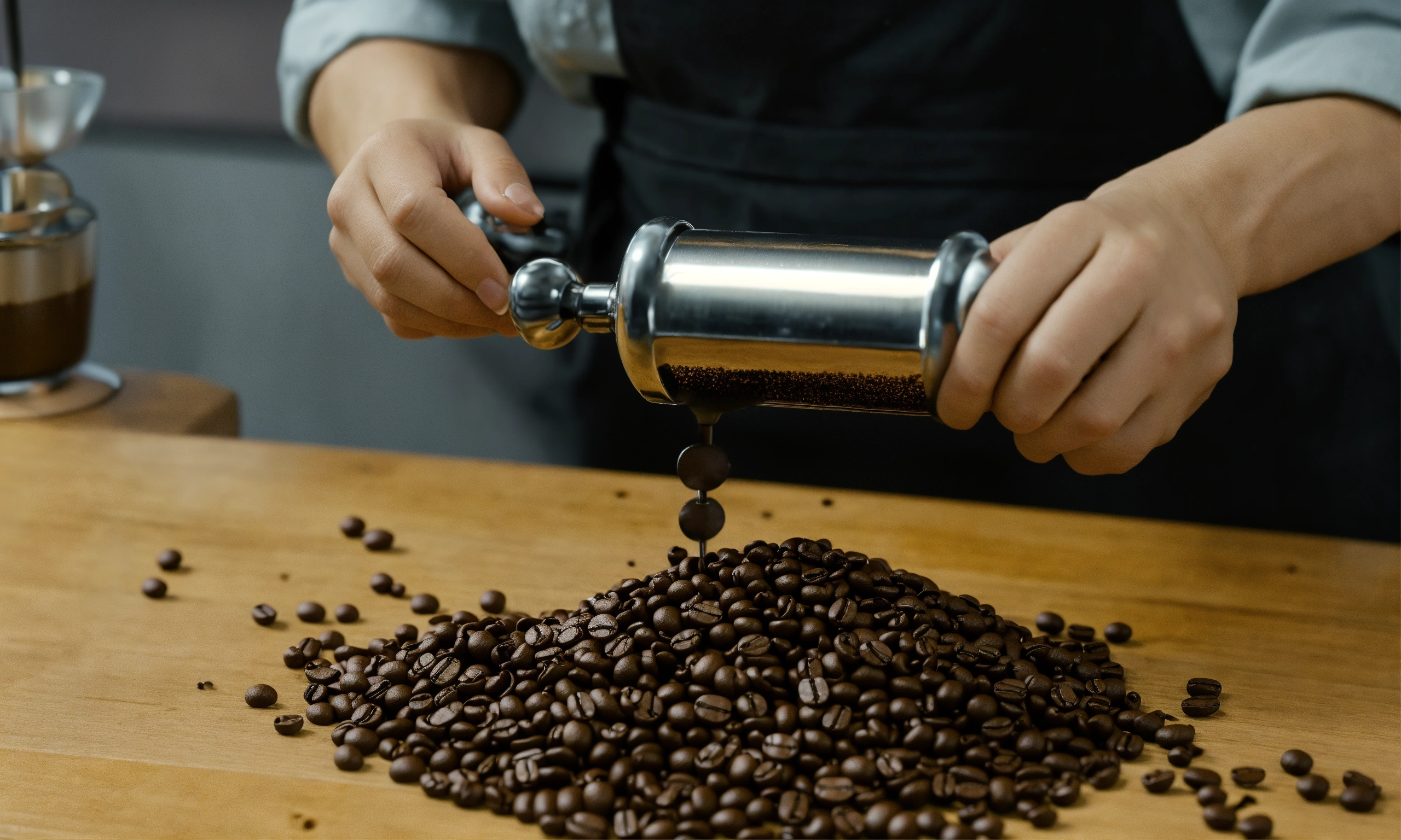Lexica - Barista girl grinds coffee beans using small manual grinder ...