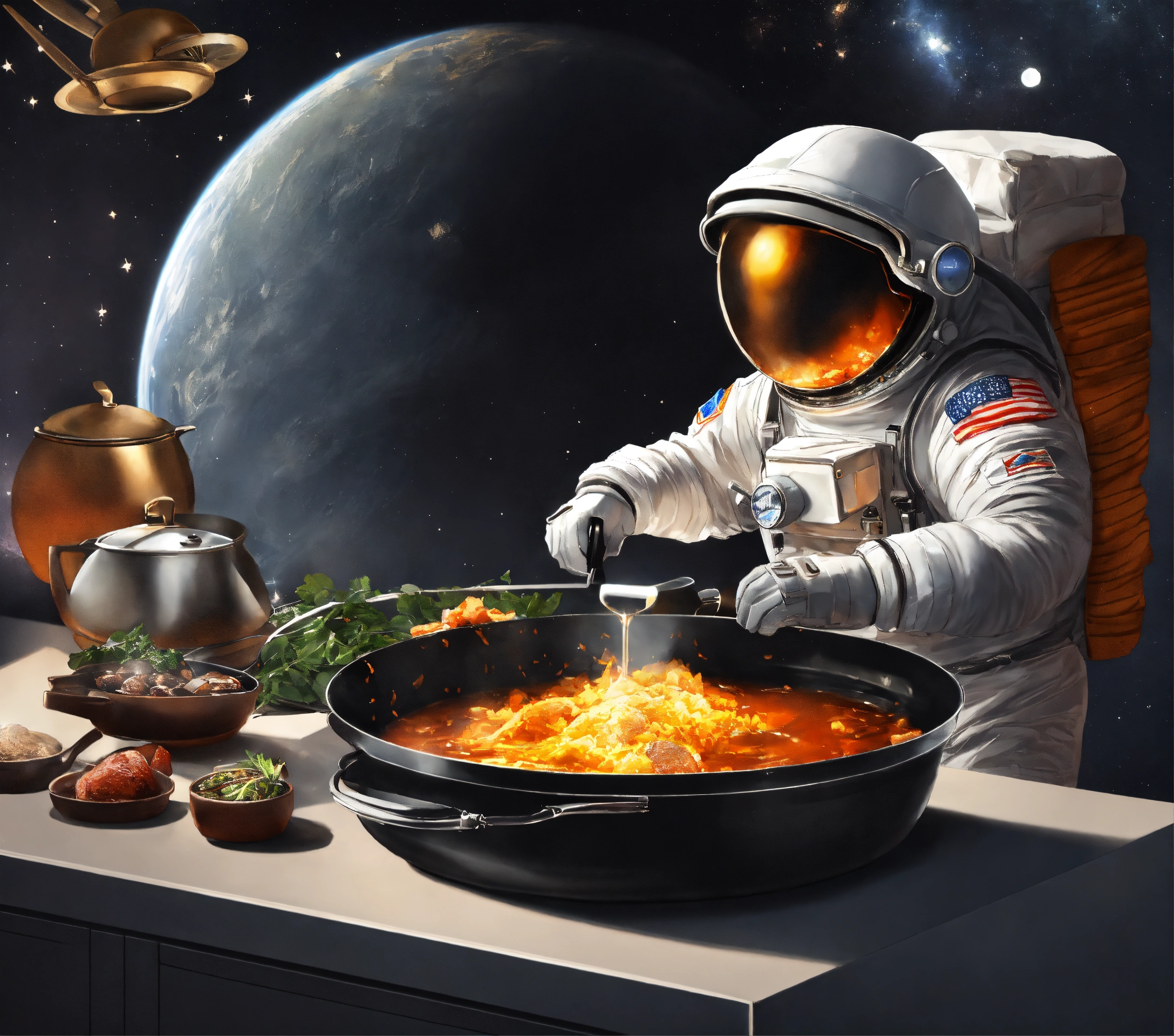 Lexica - Astronaut, cooking in a black pot without handle, realistic