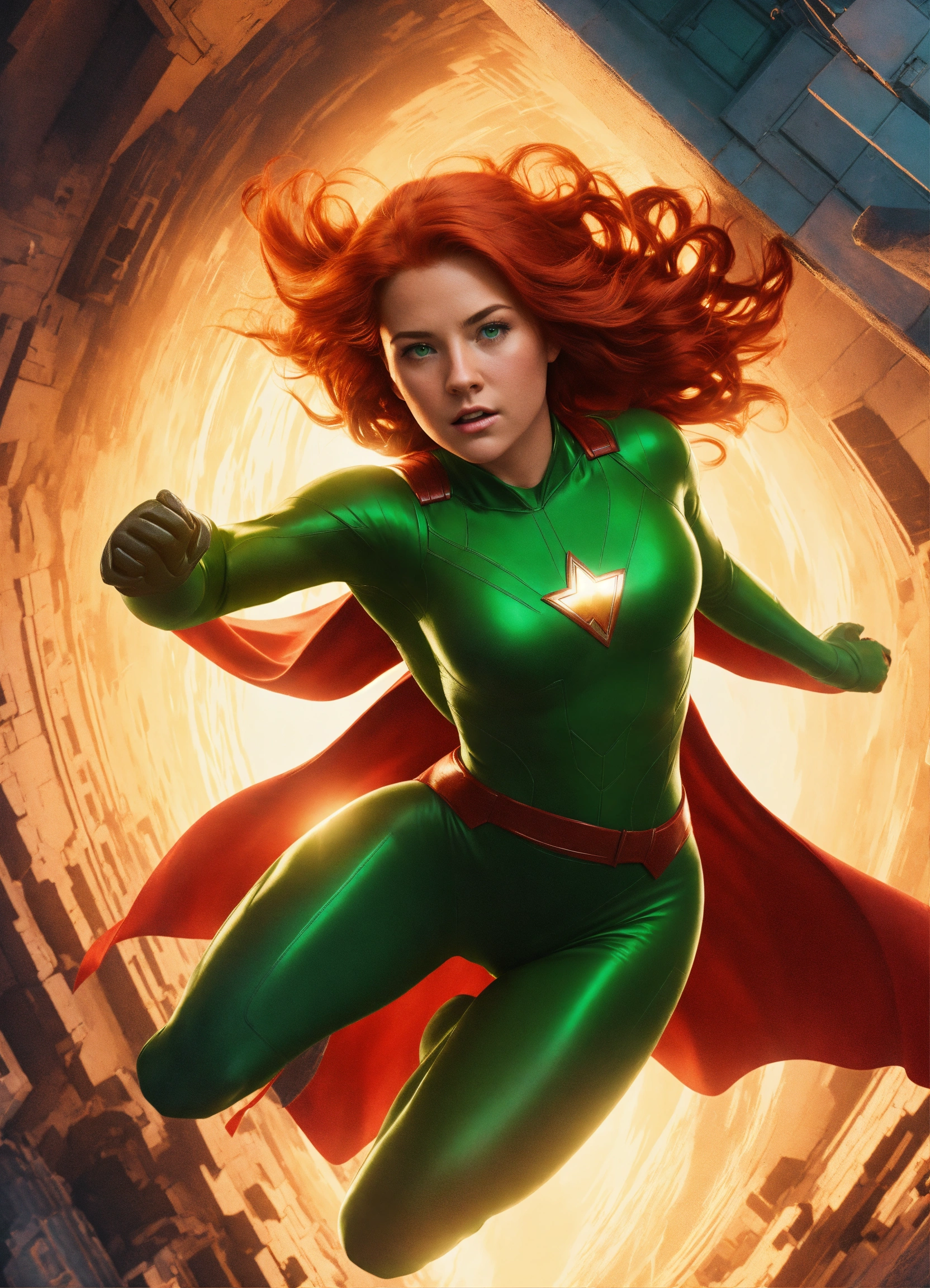 Lexica - Red-haired, green-eyed female superhero, floating down out of ...