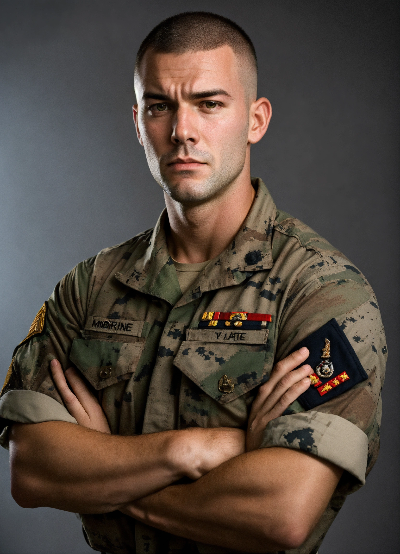 Lexica - Scared man US Marine, FRONT VIEW, casual clothes, arms crossed ...