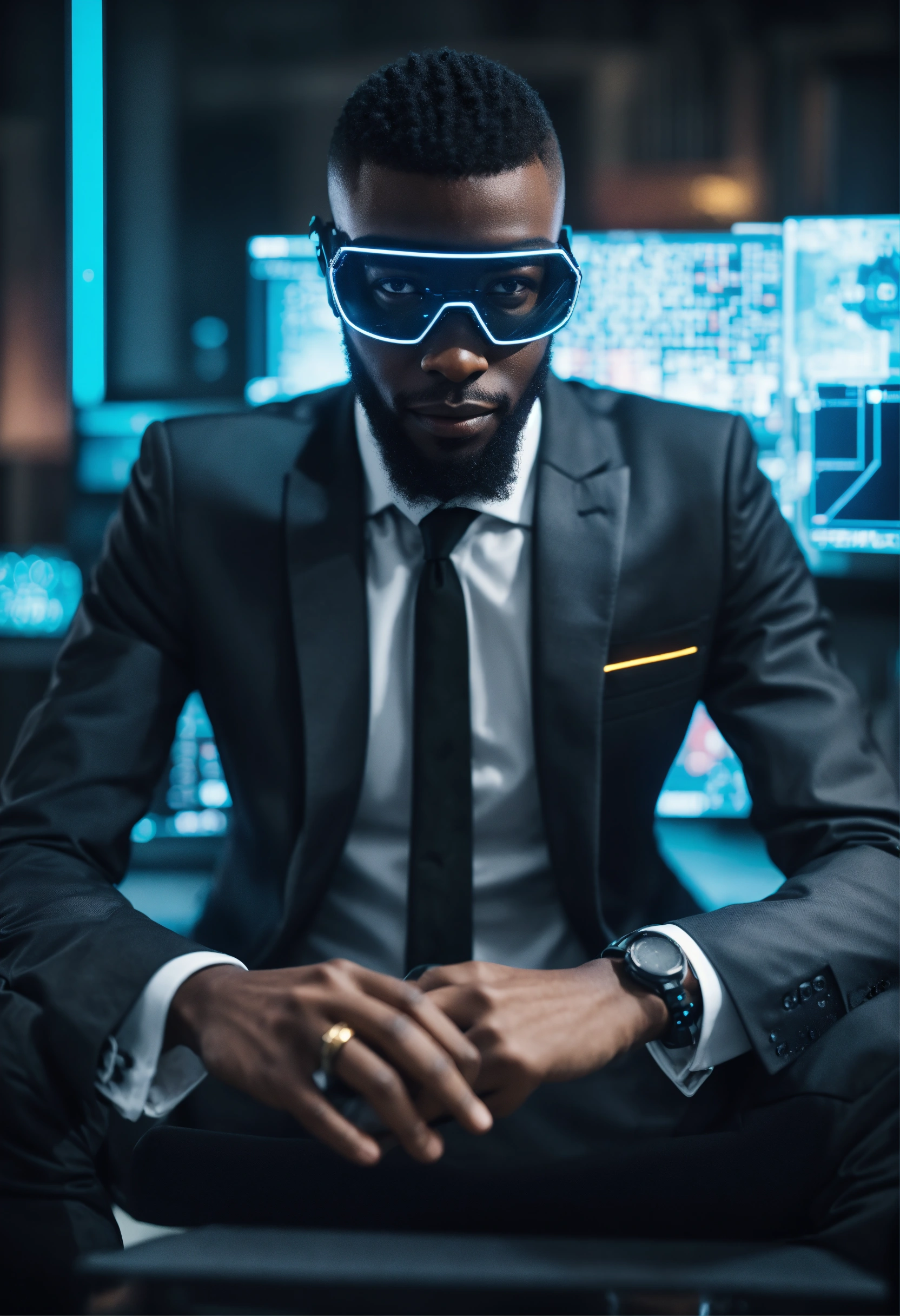 Lexica - A black hacker in a stylish suit with cybernetics