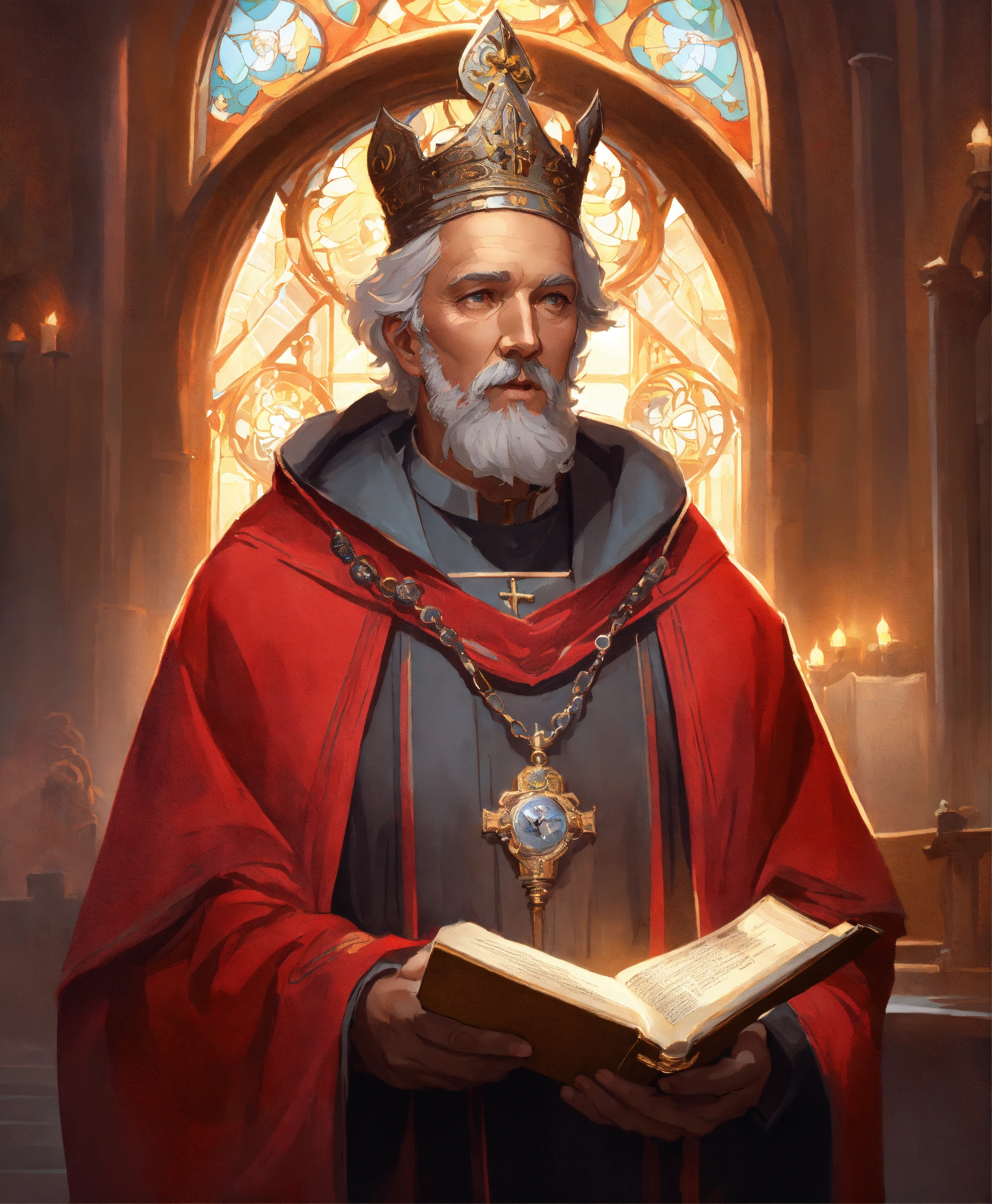 Lexica - Male old wise bishop with bishop hat grey hair with bible and ...