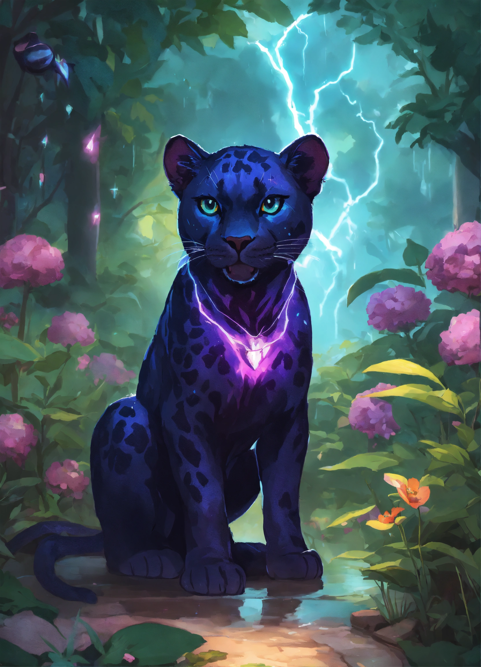 Lexica - Adorable panther in a magical garden, dnd, fantasy with lightning