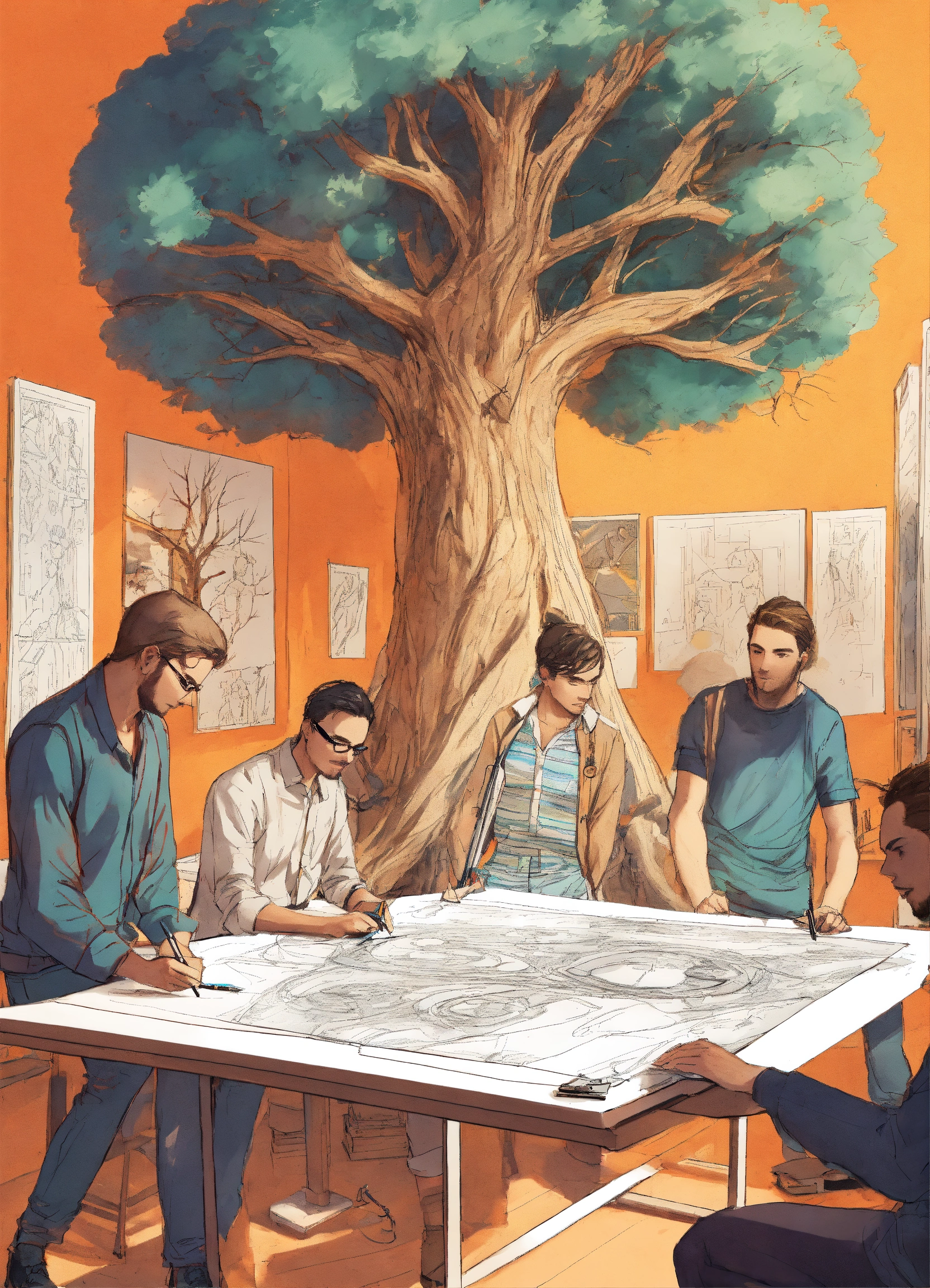 Lexica - A team of designers around a drawing table, brainstorming ...