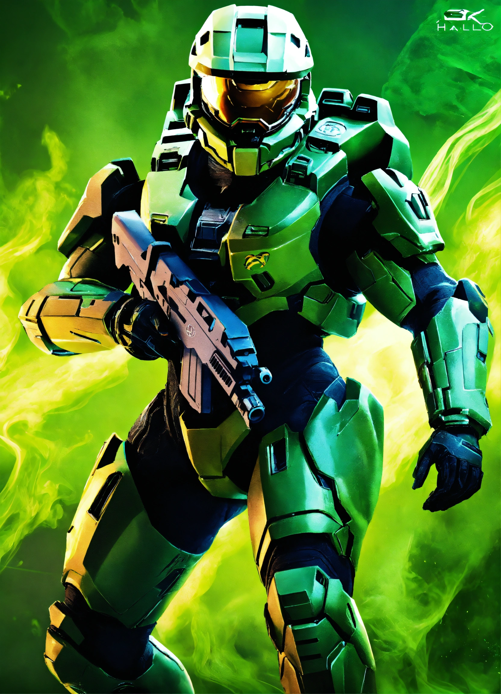 Lexica - Master chief, halo, 8k, xbox logo as background, neon green smoke